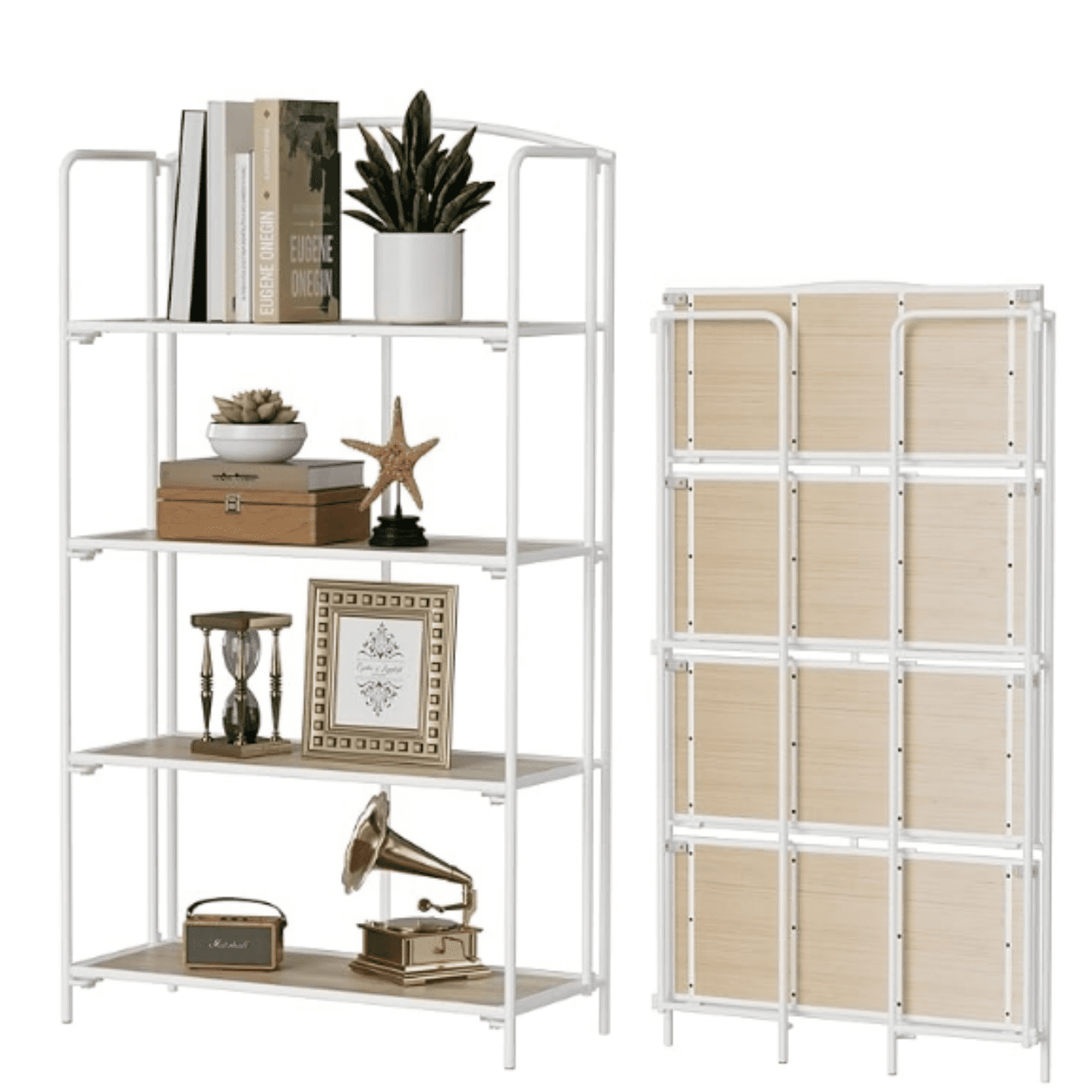 No Assembly Folding Bookshelf for Living Room, 4 Tier White Collapsible ...