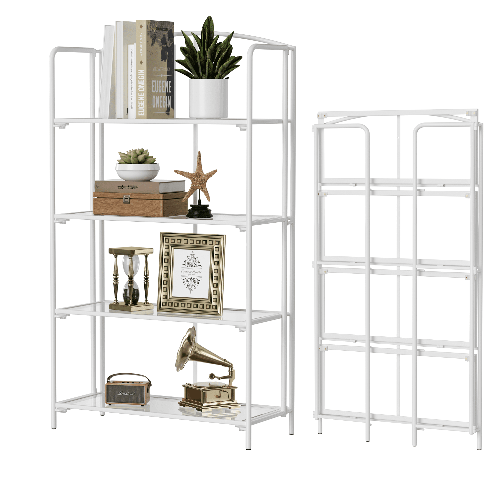 No Assembly Folding Bookshelf for Living Room, 4 Tier White Collapsible ...