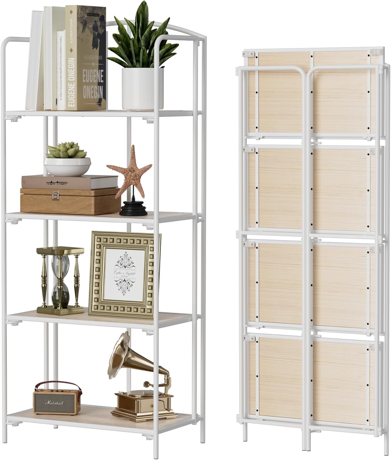 No Assembly Folding Bookshelf for Living Room, 4 Tier White Collapsible ...