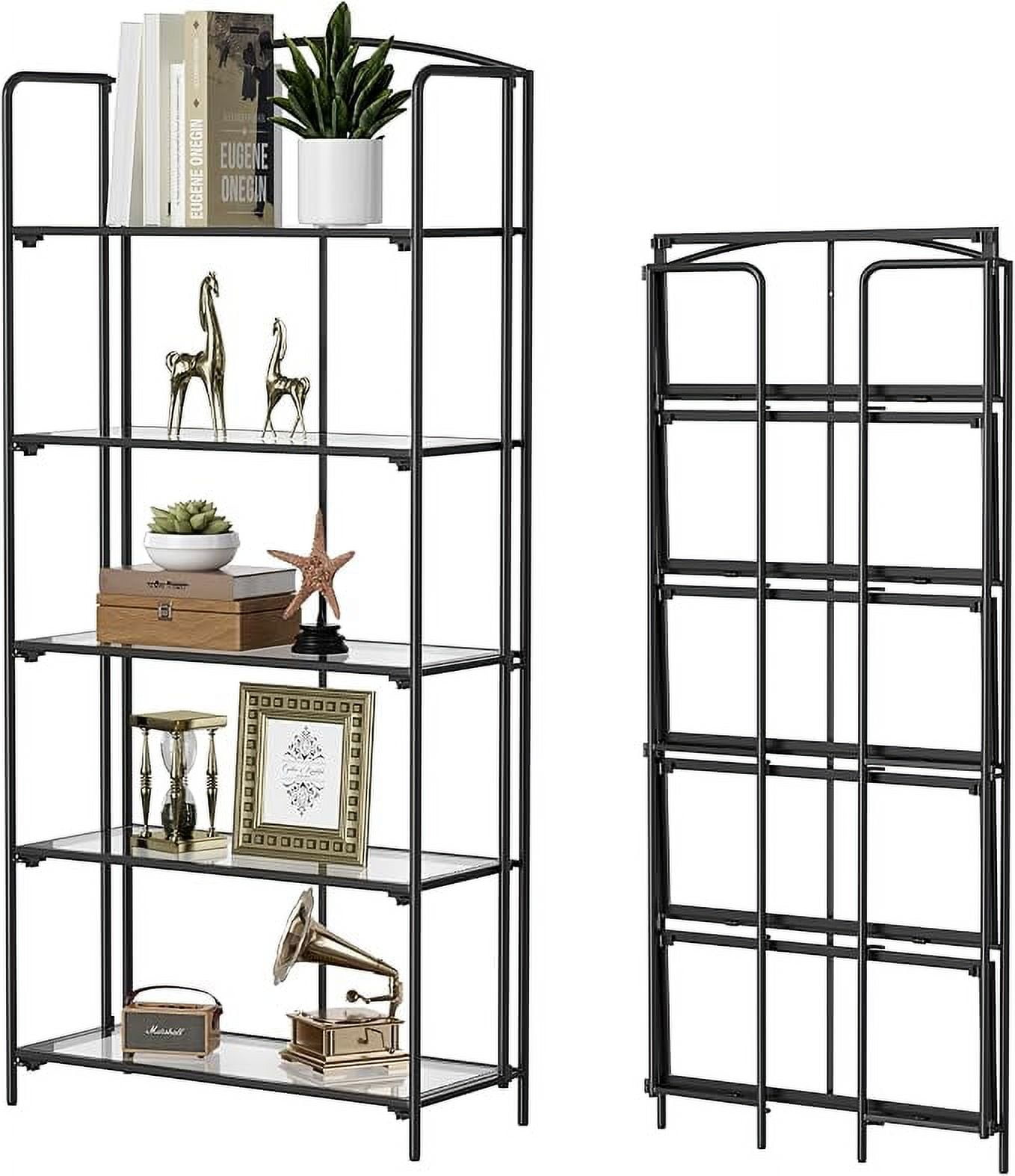 No Assembly Folding Bookshelf for Living Room, 5 Tier Black Collapsible ...