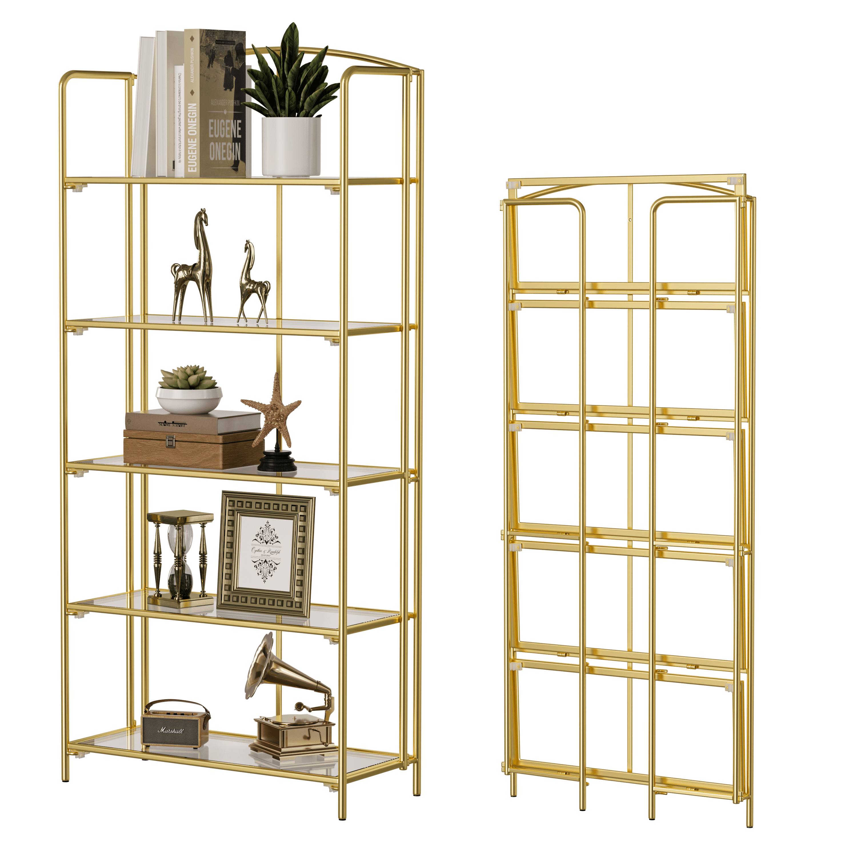No Assembly Folding Bookshelf for Living Room, 5 Tier Gold Collapsible ...
