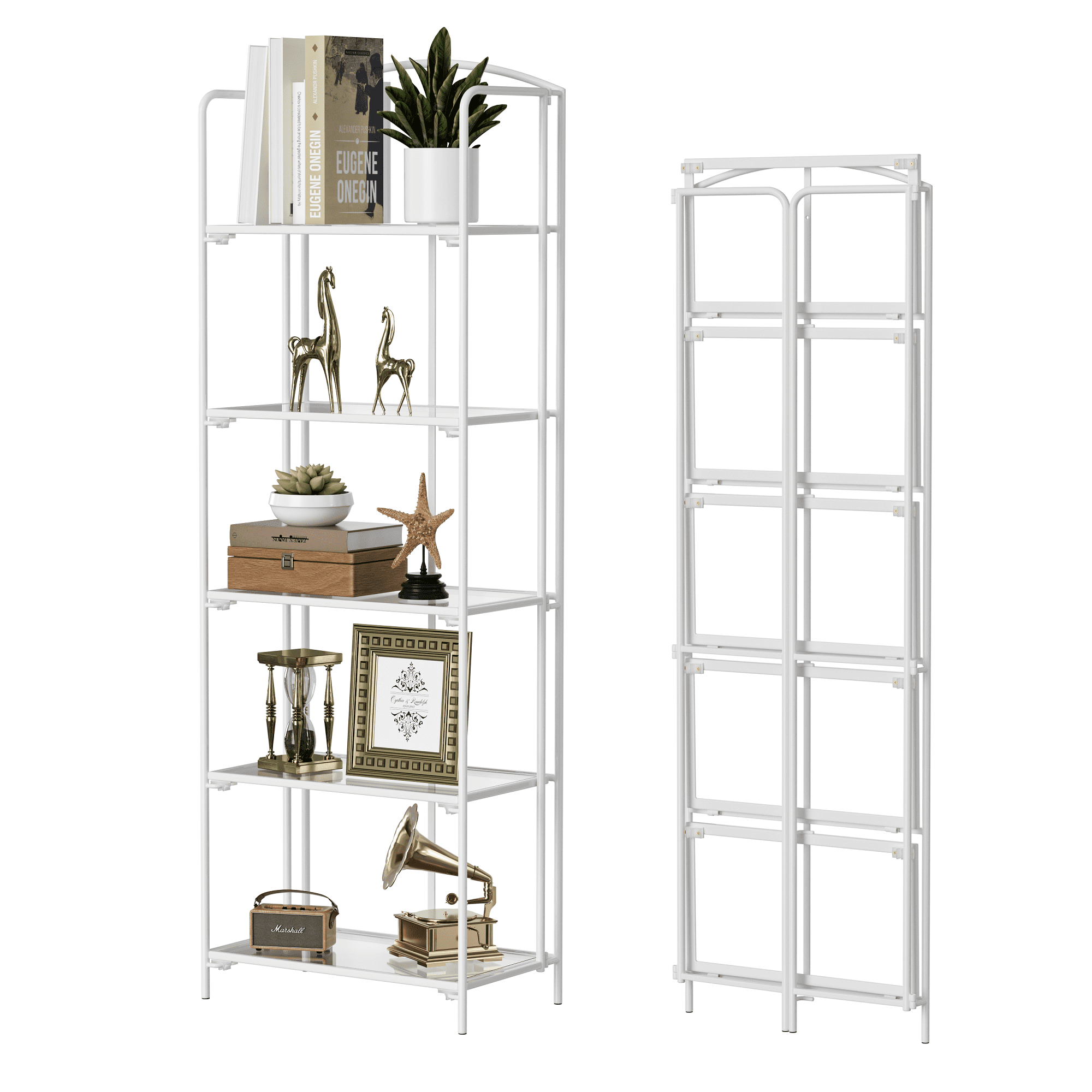 No Assembly Folding Bookshelf for Living Room, 5 Tier White Collapsible ...