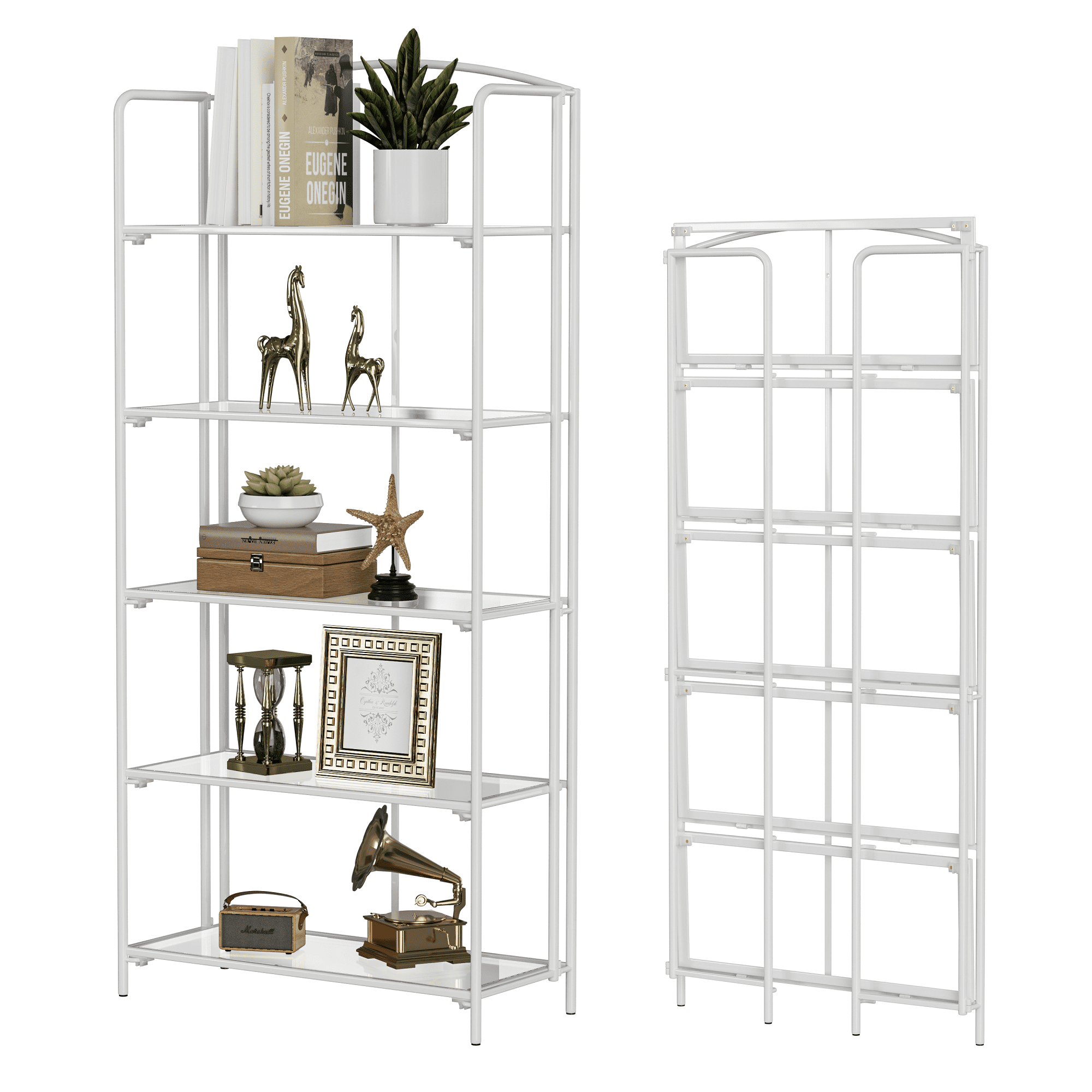 No Assembly Folding Bookshelf for Living Room, 5 Tier White Collapsible ...
