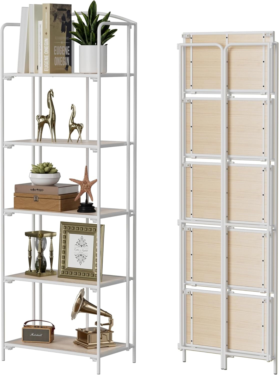 No Assembly Folding Bookshelf for Living Room, 5 Tier White Collapsible ...