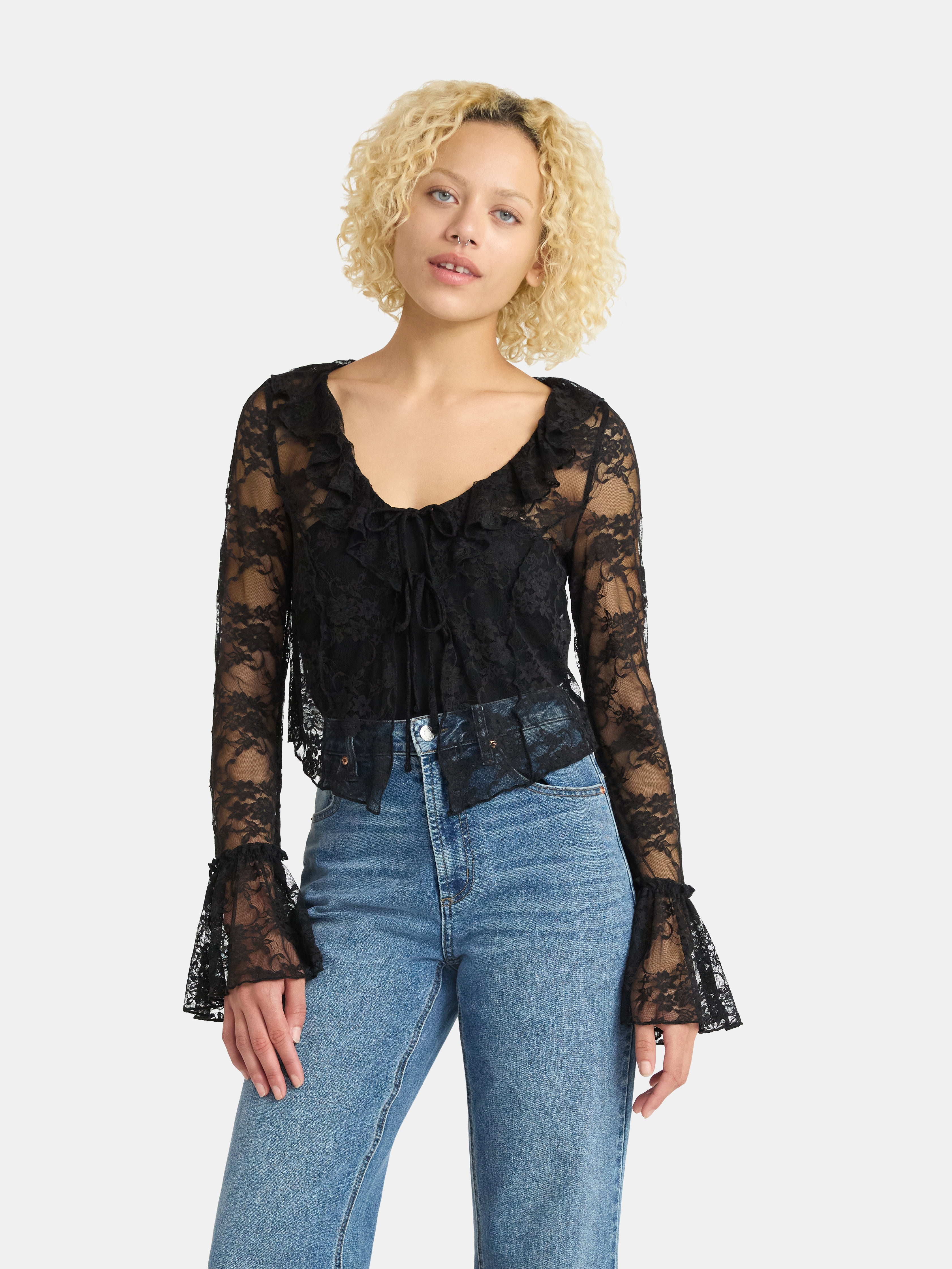 No Boundaries Cascade Ruffle Tie Front Lace Top with Bell Sleeves ...