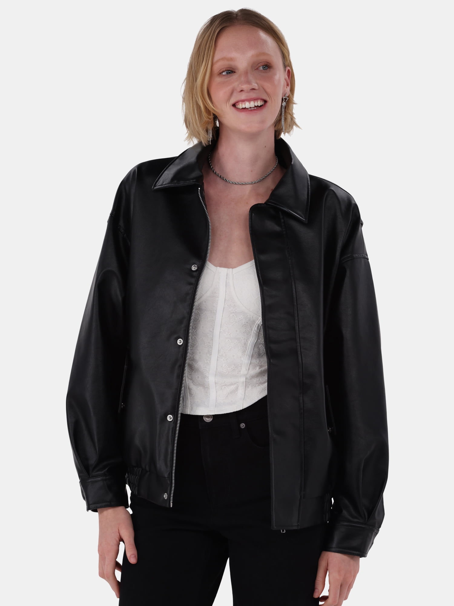 No Boundaries Women's Faux Leather Oversized Bomber Jacket, Black ...