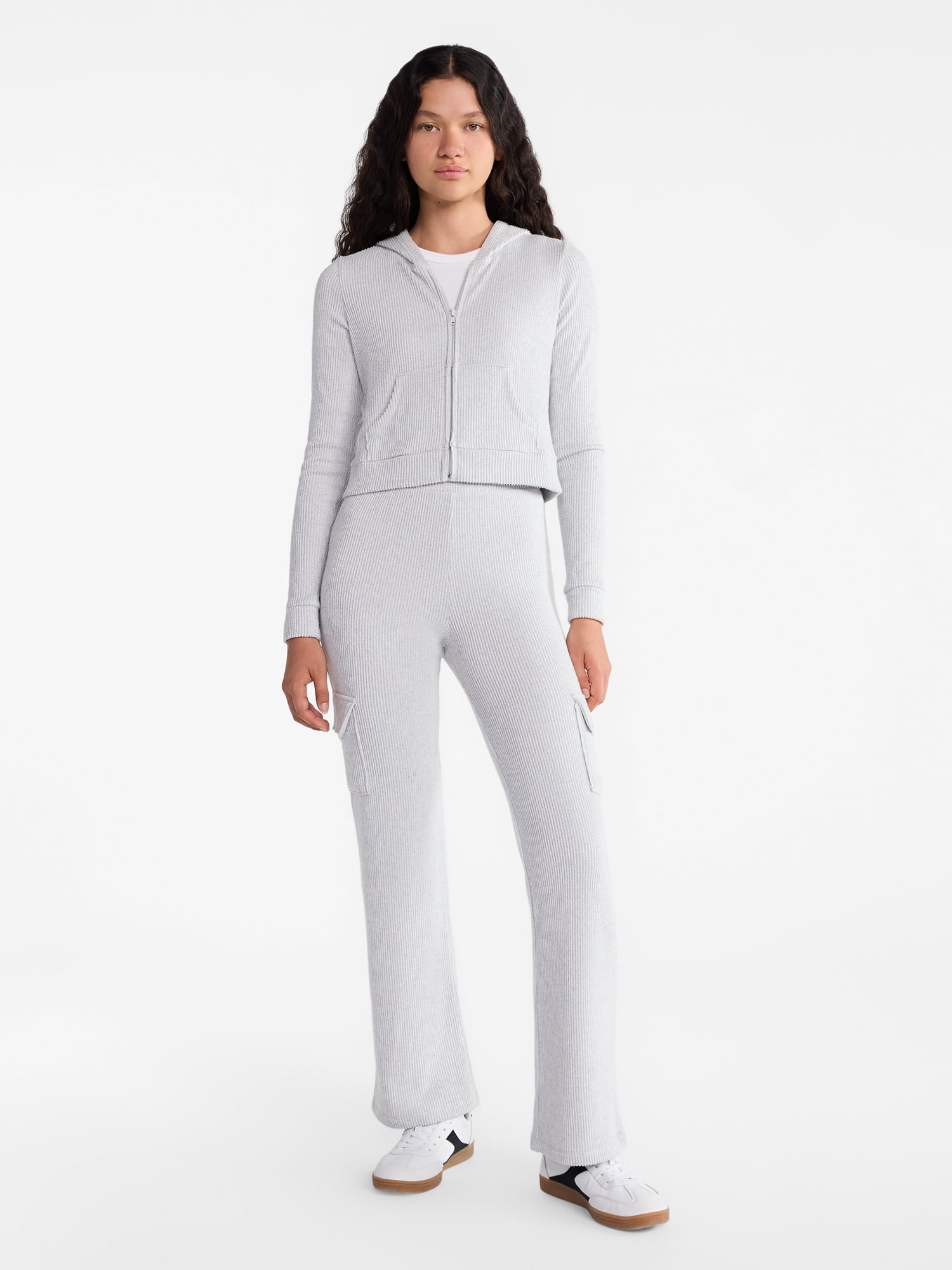 No Boundaries Brushed Ribbed Zip-Up Hoodie and Flare Pants Set, 2-Piece ...