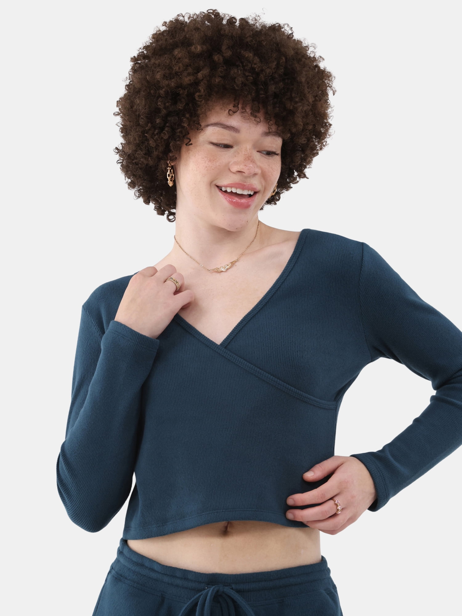 No Boundaries Brushed Waffle Knit Wrap Sleep Top, Women’s, Sizes XS-XXL ...