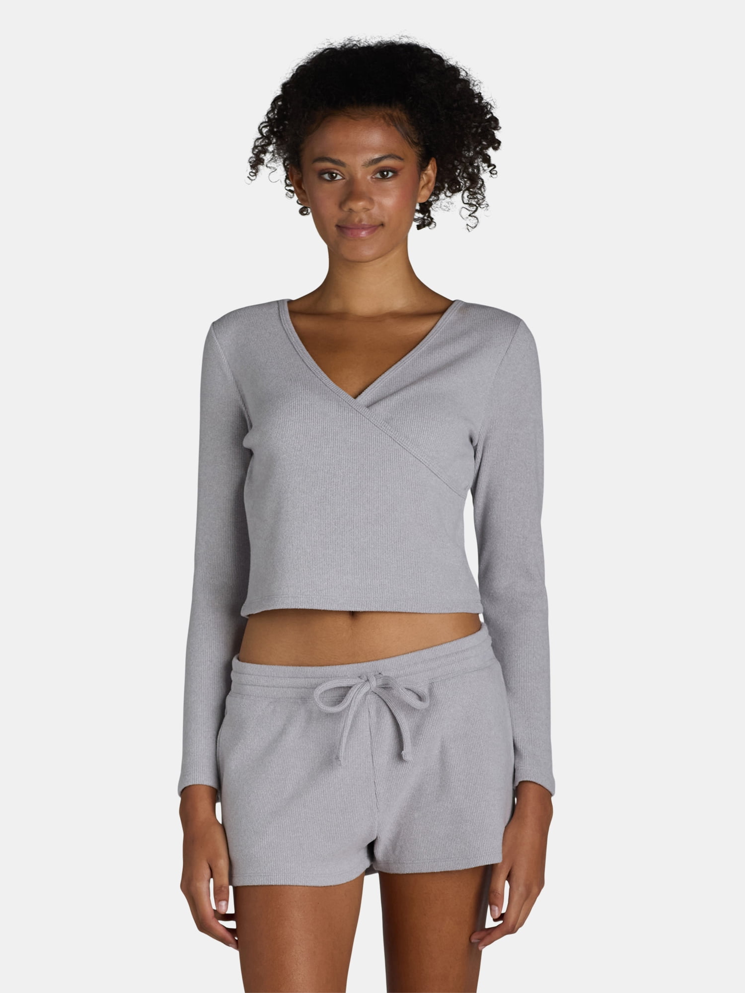 No Boundaries Women's Brushed Waffle Knit Wrap Sleep Top, XS-XXL ...