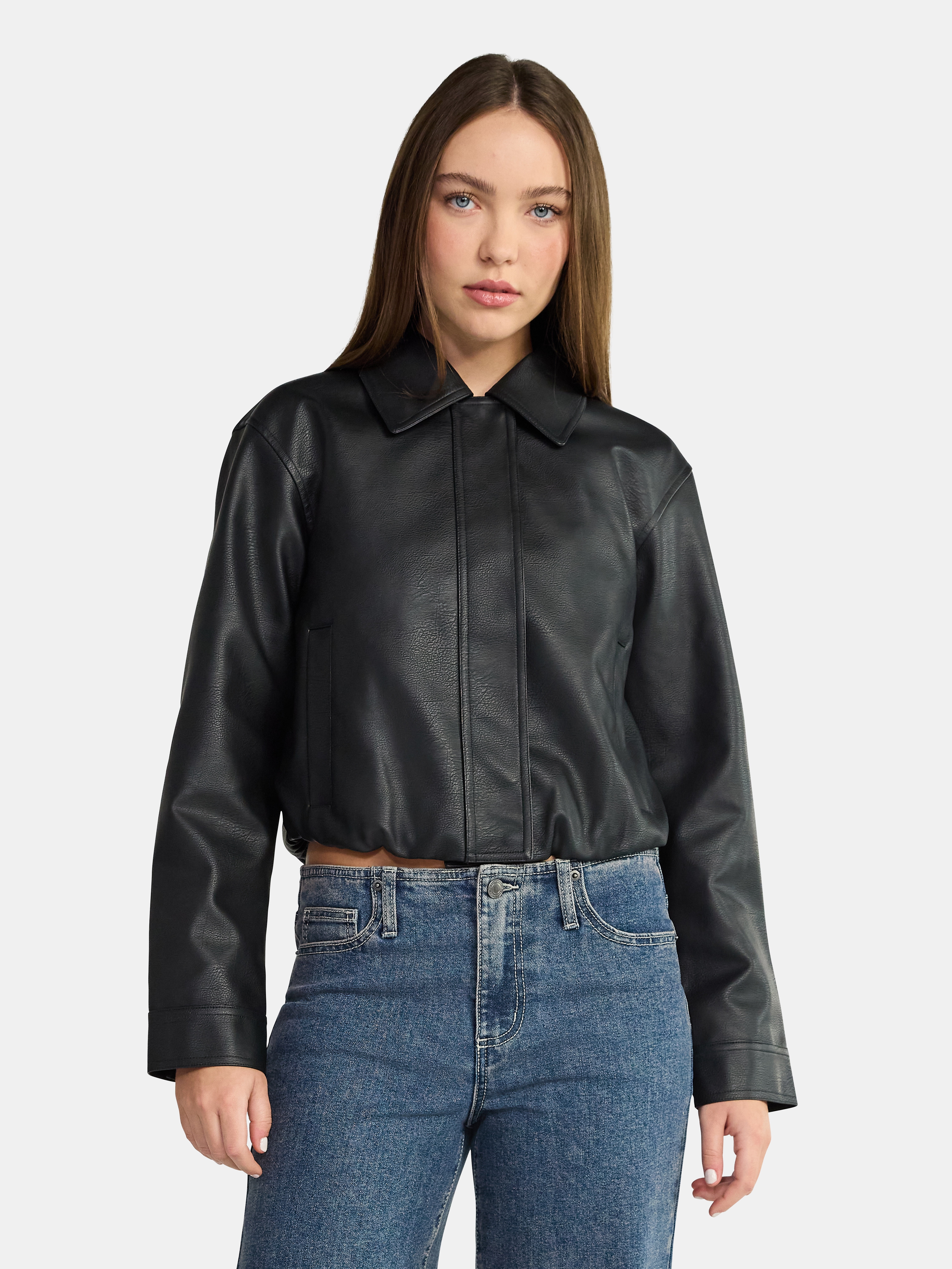 No Boundaries Bubble Hem Faux Leather Bomber Jacket, Women's - Walmart.com