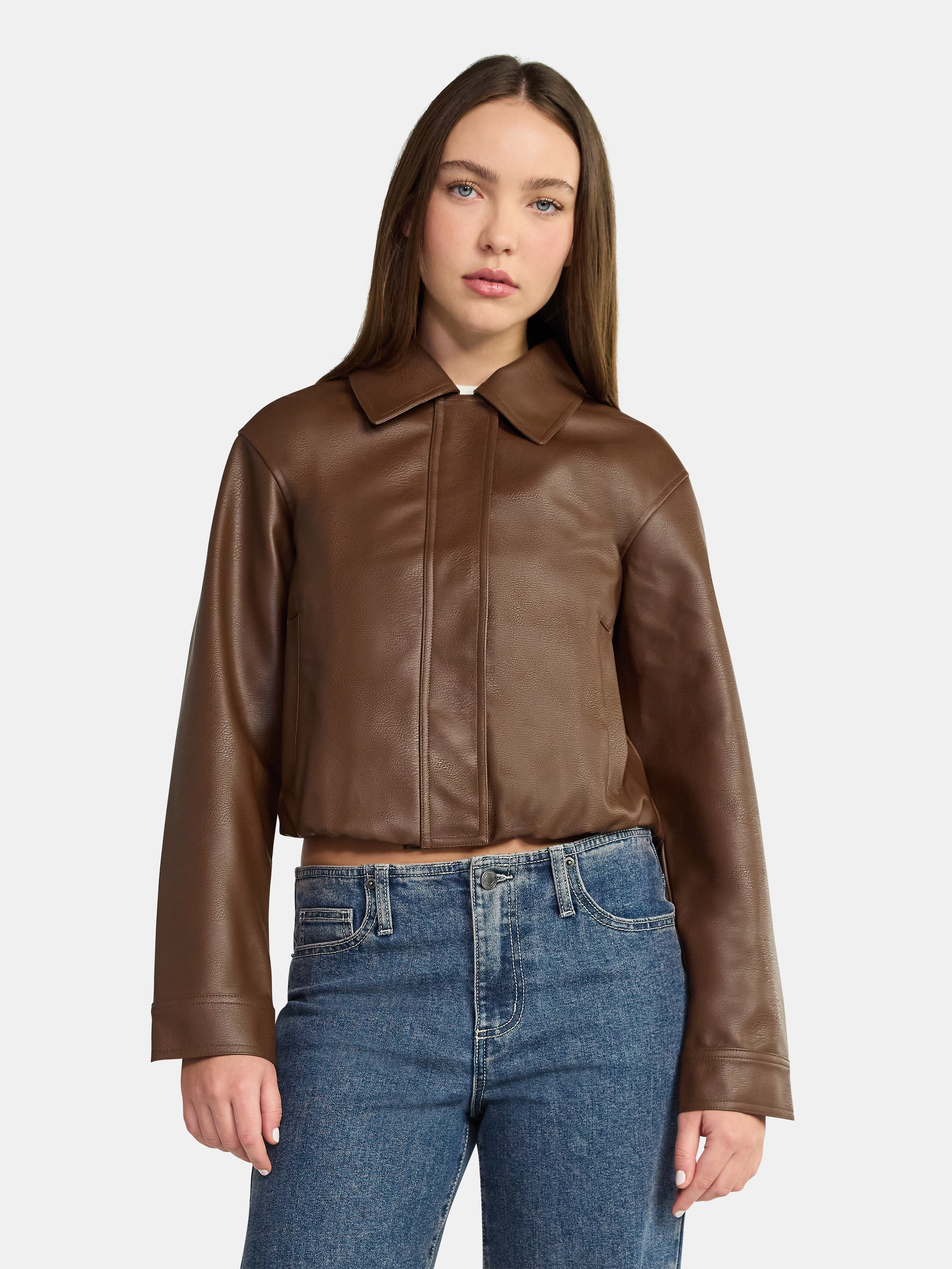 No Boundaries Bubble Hem Faux Leather Bomber Jacket, Women's - Walmart.com