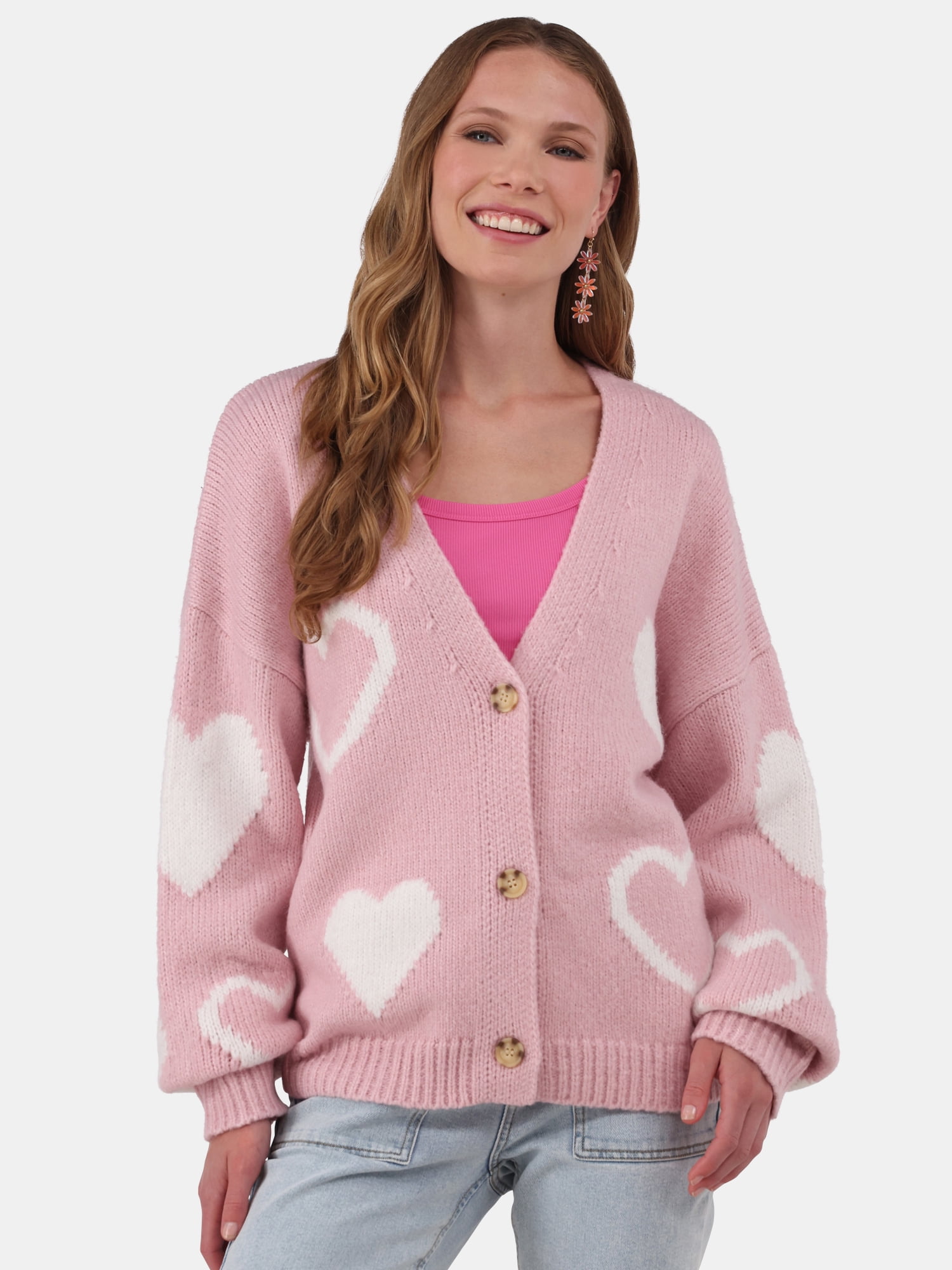No Boundaries Heart-Print Button-Front Cardigan, Midweight, Women's ...