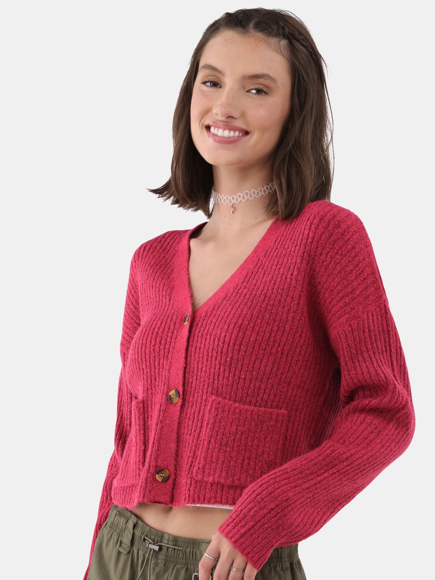 No Boundaries Button Front Ribbed Cardigan Sweater, Midweight, Women’s ...