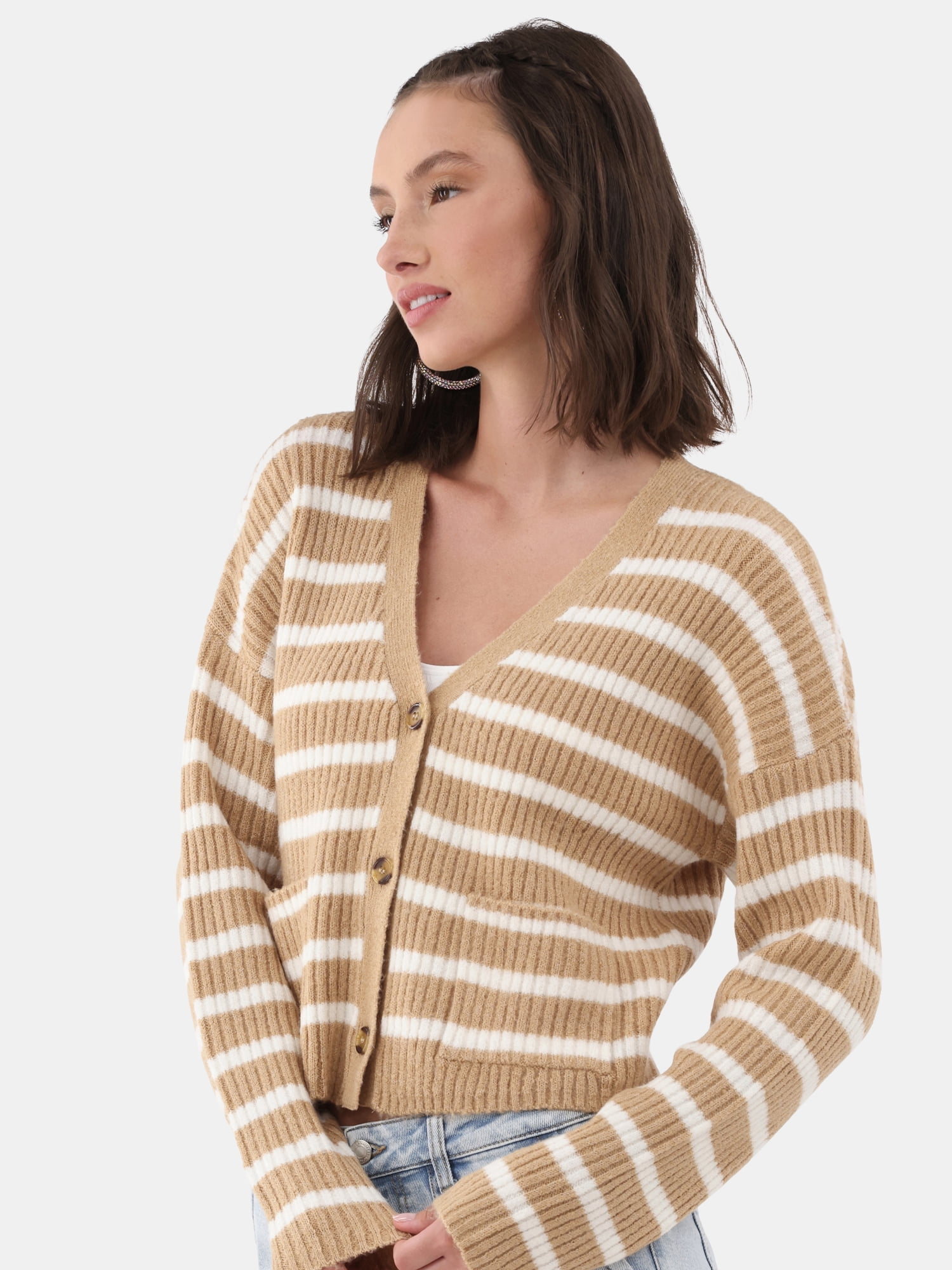 No Boundaries Button Front Ribbed Cardigan Sweater, Midweight, Women’s ...