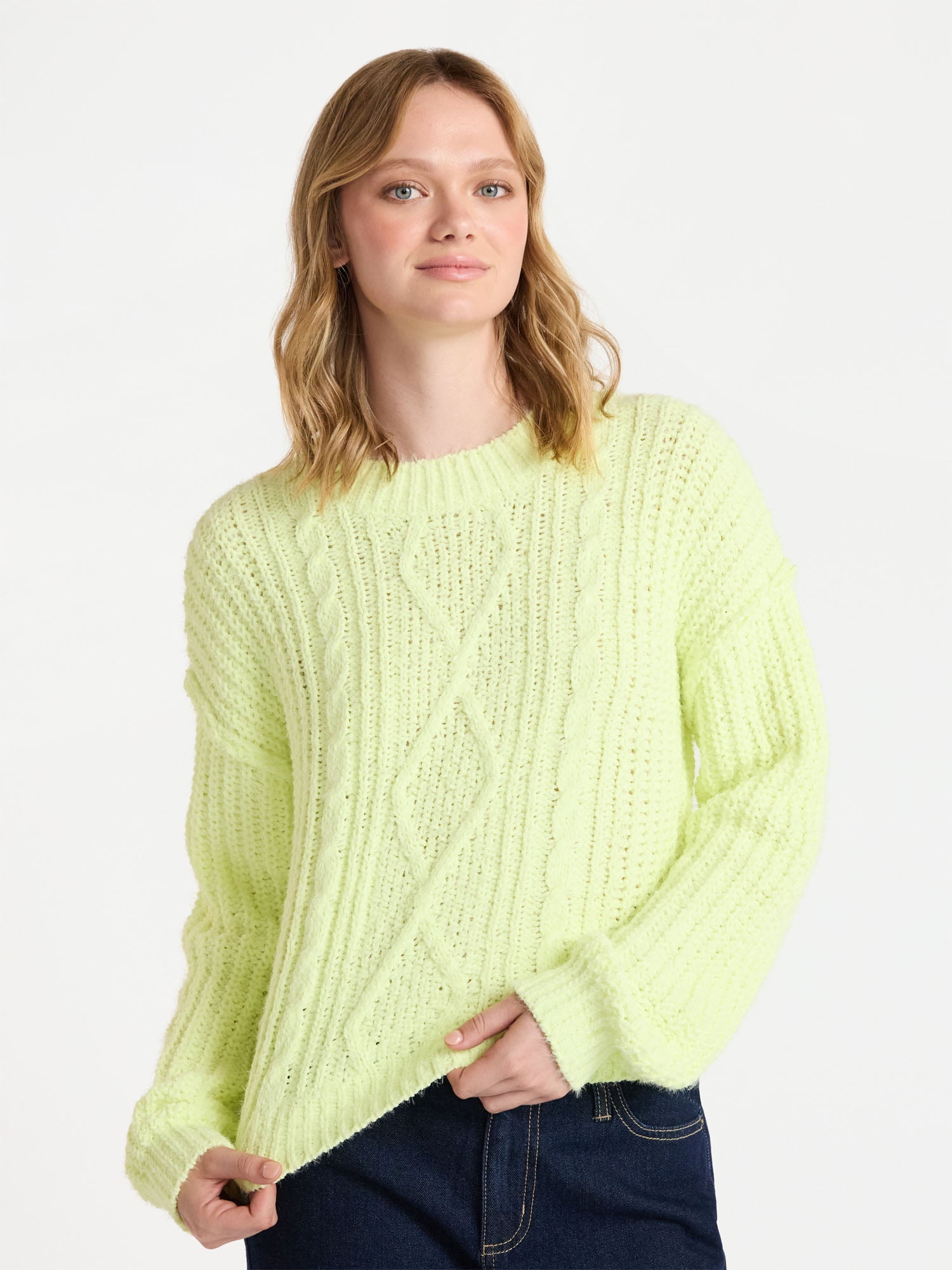 No Boundaries Cable Knit Sweater, Midweight, Women's - Walmart.com