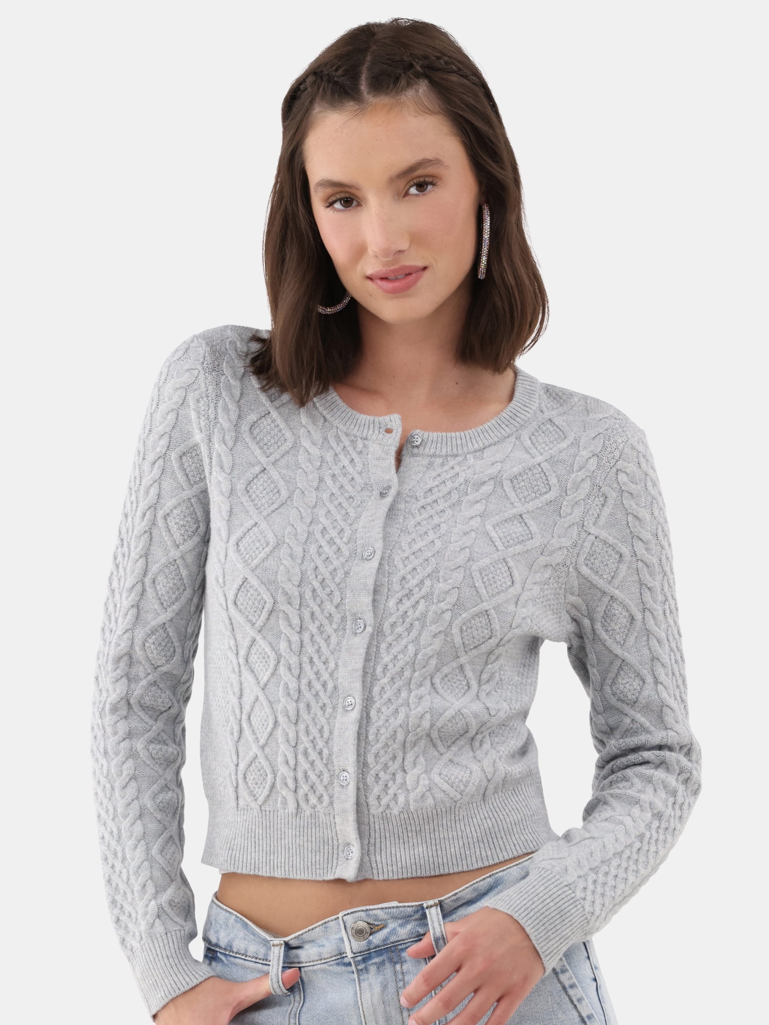 No Boundaries Women's Long Sleeve Button Front Cozy Knit Cardigan ...