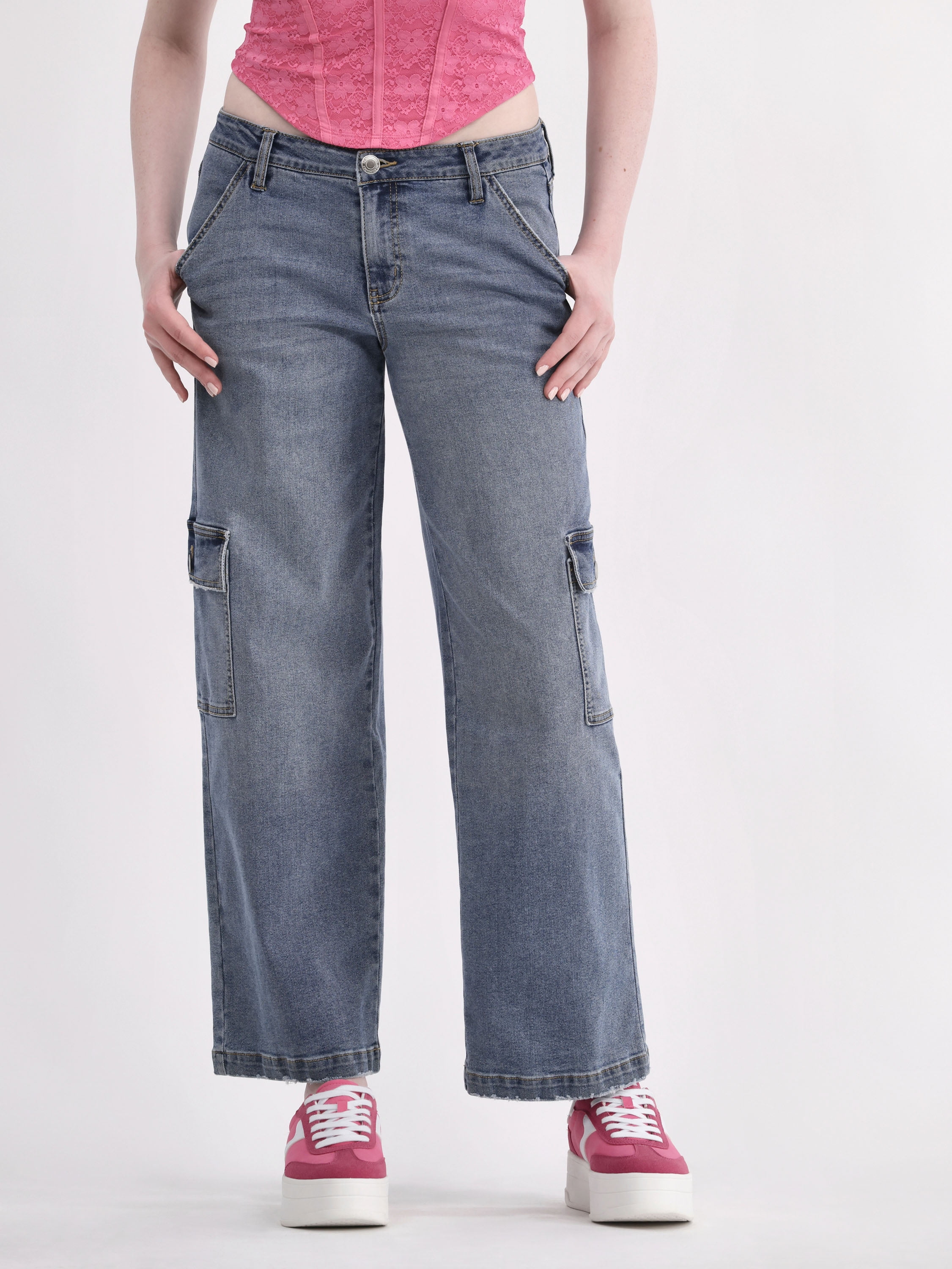 Madden NYC Women's Wide Leg Cargo Jeans with Rhinestone Madden NYC Women's Wide Leg Cargo Jeans with Rhinestone