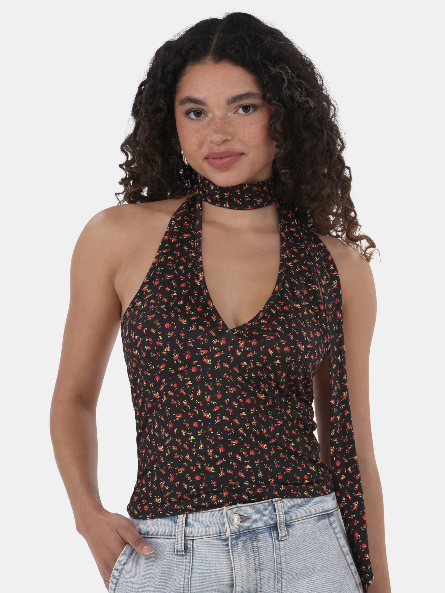No Boundaries Rose Print Halter Scarf Top, Women's - Walmart.com