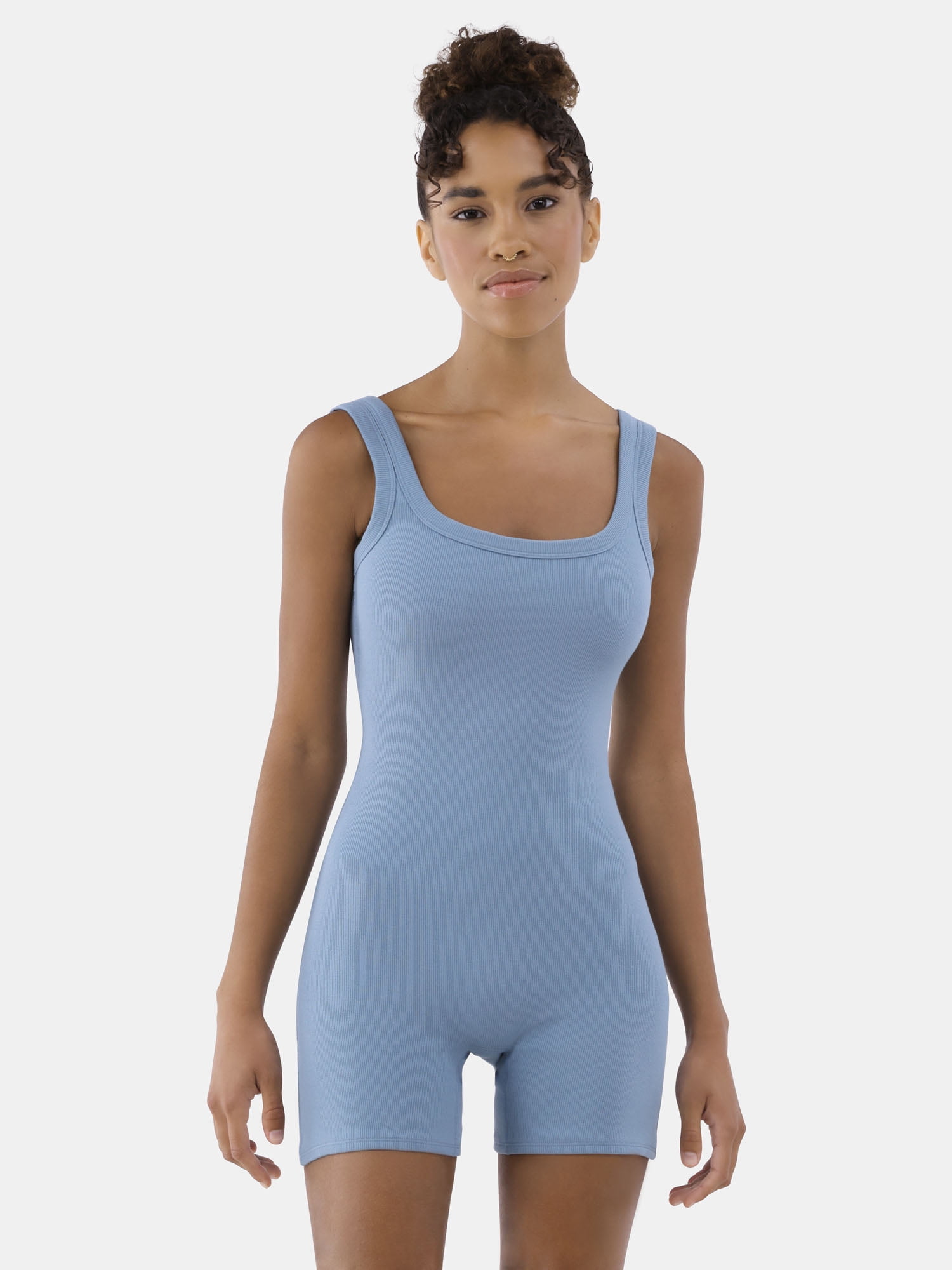 No Boundaries Women's Cotton Ribbed Sleeveless Romper, Mid-Thigh Length ...