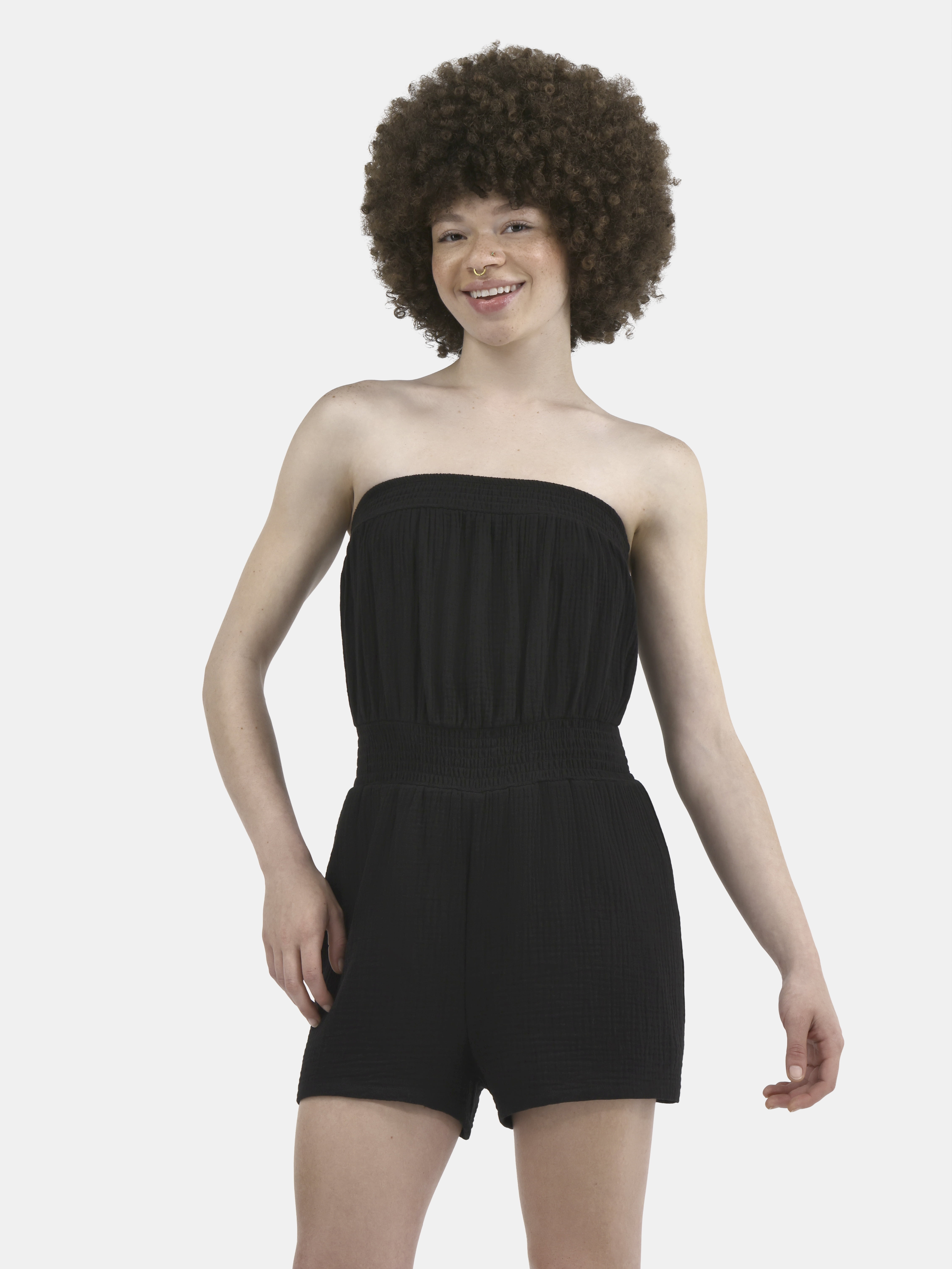 No Boundaries Cotton Smocked Waist Strapless Romper, Women's - Walmart.com