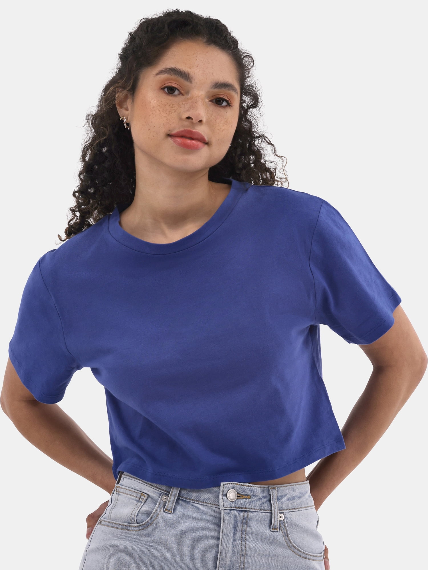 No Boundaries Cropped Boxy Cotton Tee with Short Sleeves, Women's - Walmart.com