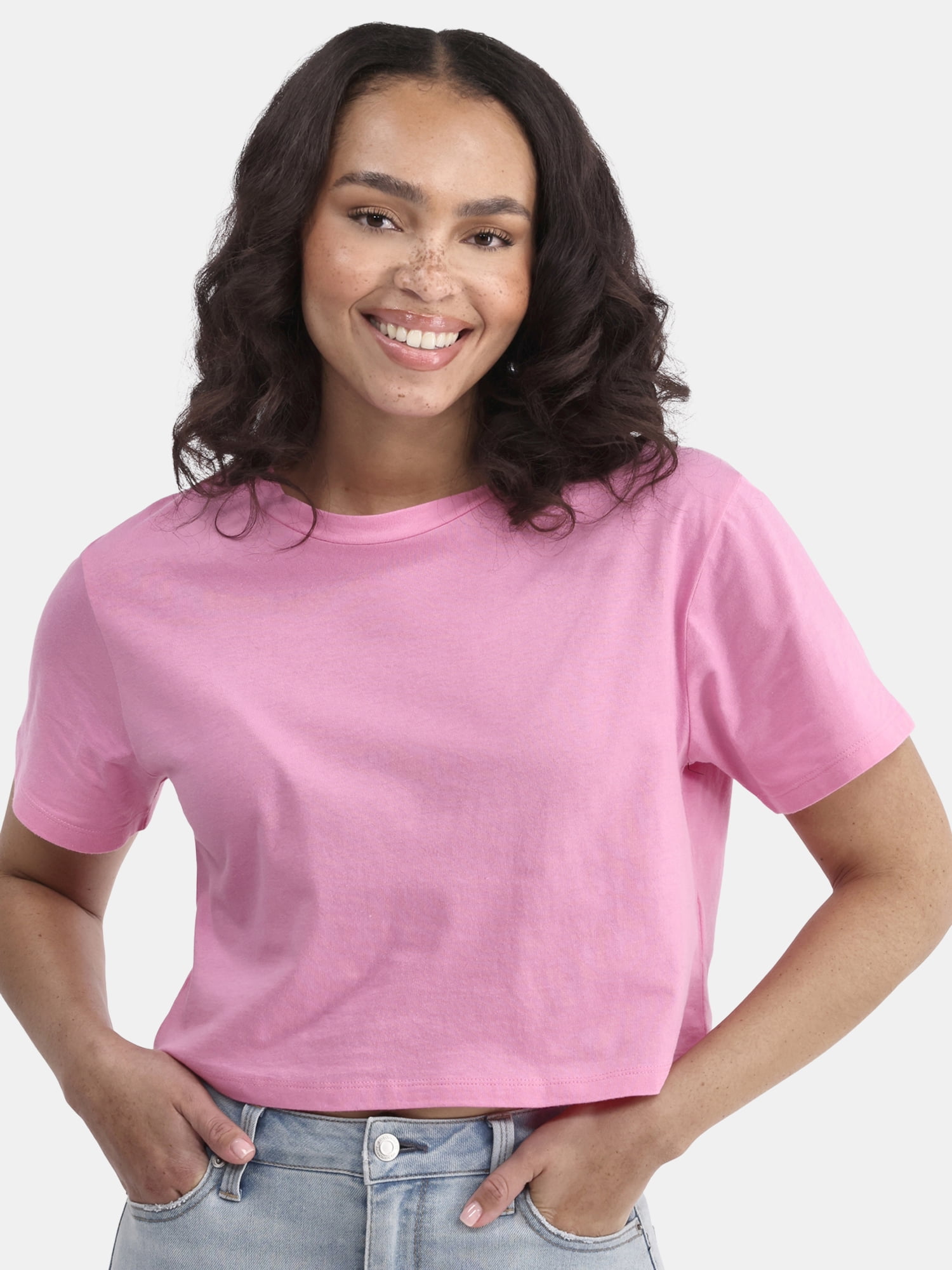 No Boundaries Cropped Boxy Cotton Tee with Short Sleeves, Women's ...