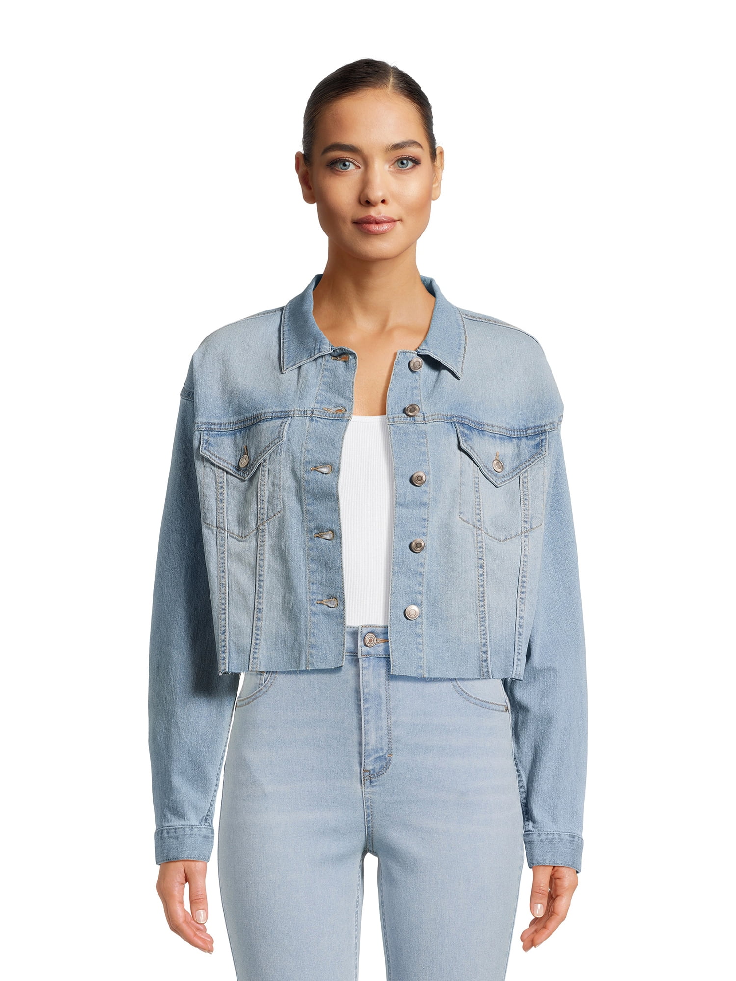 No Boundaries Cropped Denim Jacket with Raw Edge Hem, Women's and Women ...