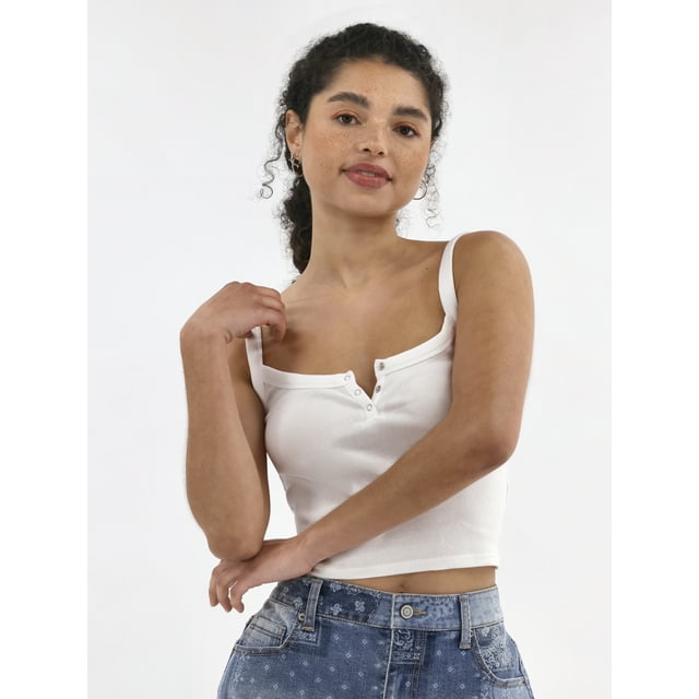 No Boundaries Cropped Henley Tank Top, Women's - Walmart.com