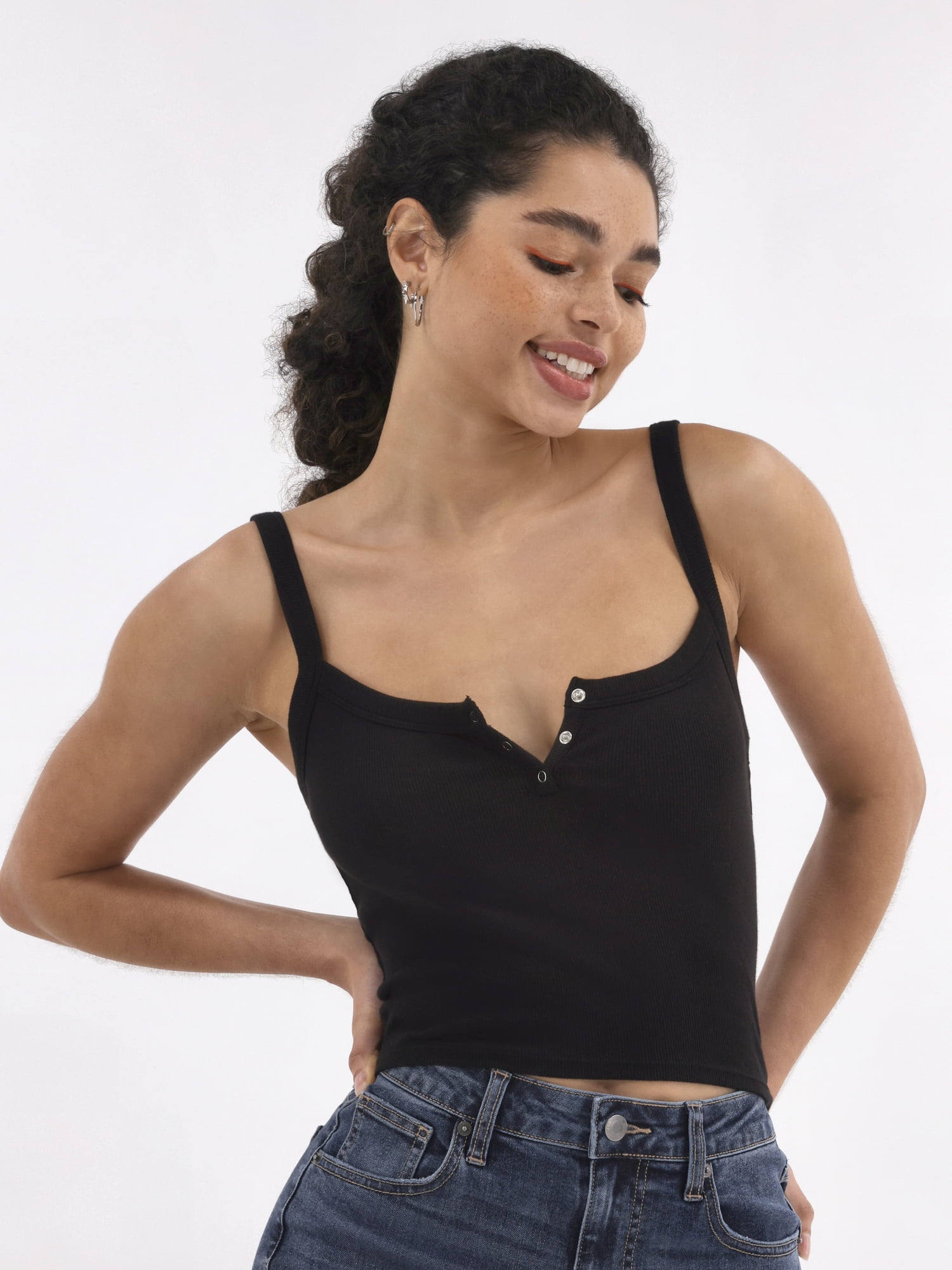 No Boundaries Cropped Henley Tank Top for Women with Sleeveless Ribbed ...