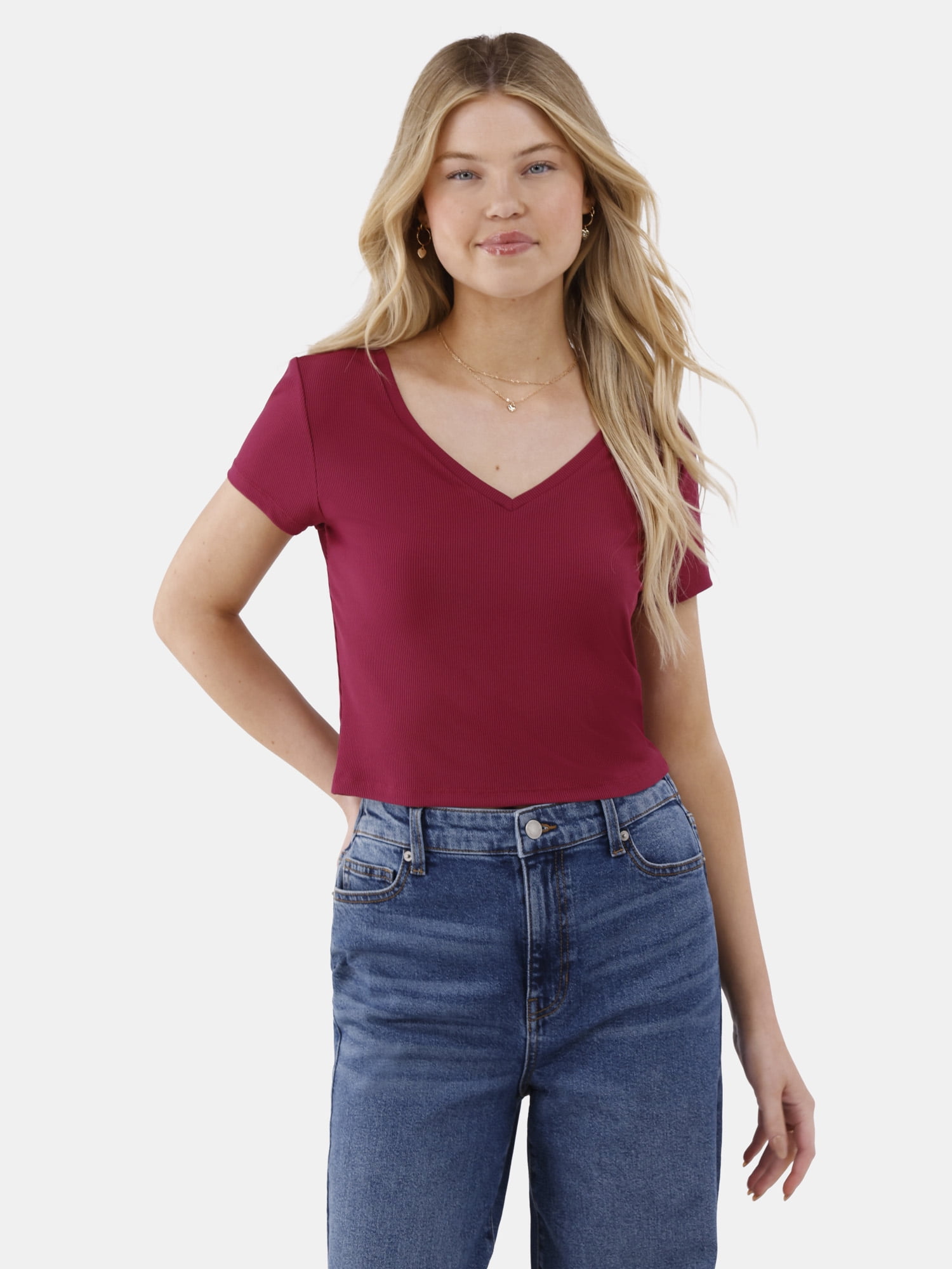 No Boundaries Cropped V-Neck Tee with Short Sleeves, Women’s - Walmart.com