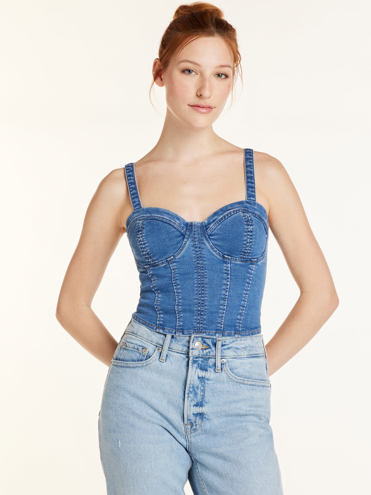 No Boundaries Denim Corset Top, Women's and Women's Plus - Walmart.com
