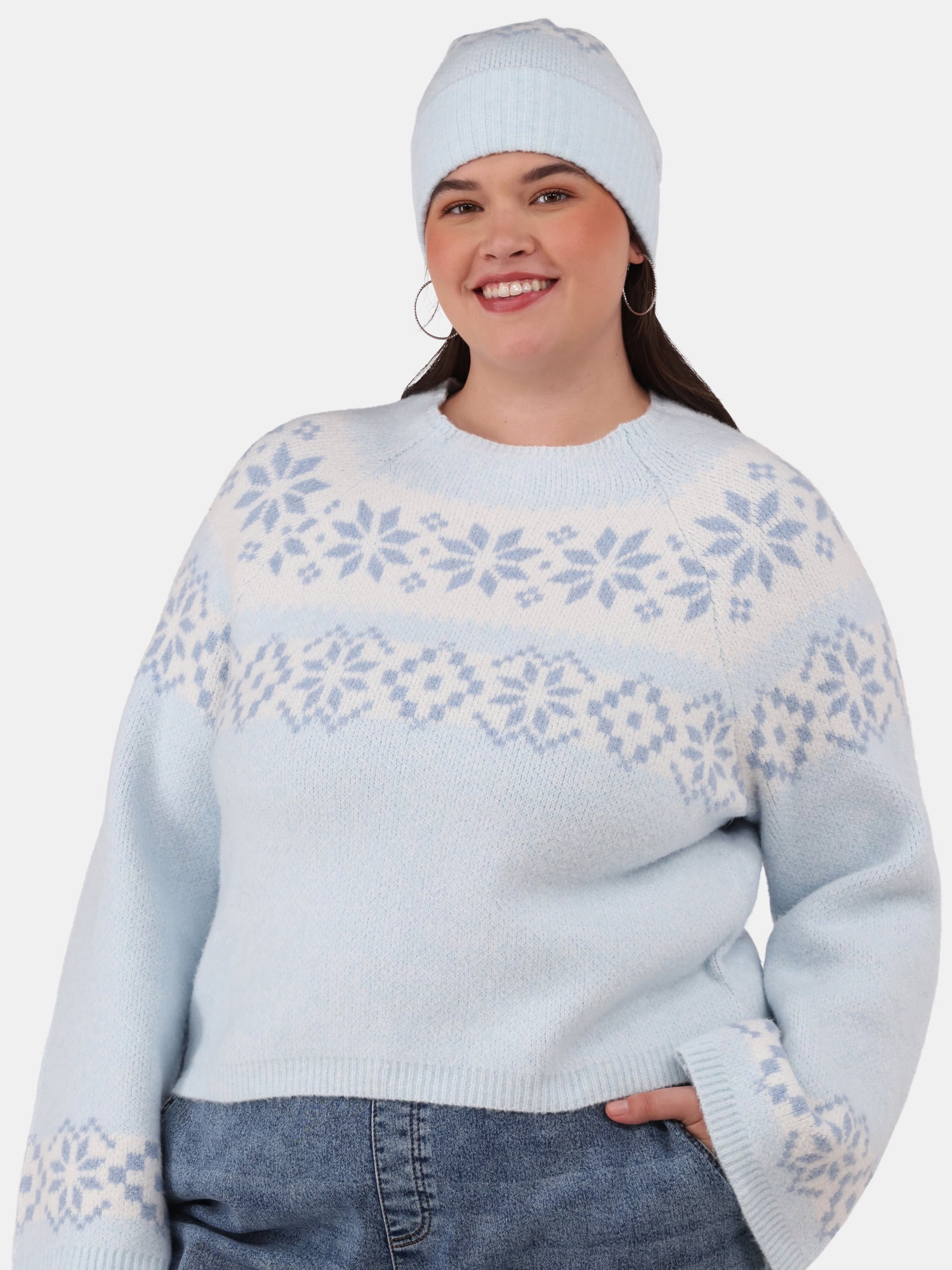 No Boundaries Fairisle Jacquard Pullover and Beanie Set, 2-Piece, Women ...