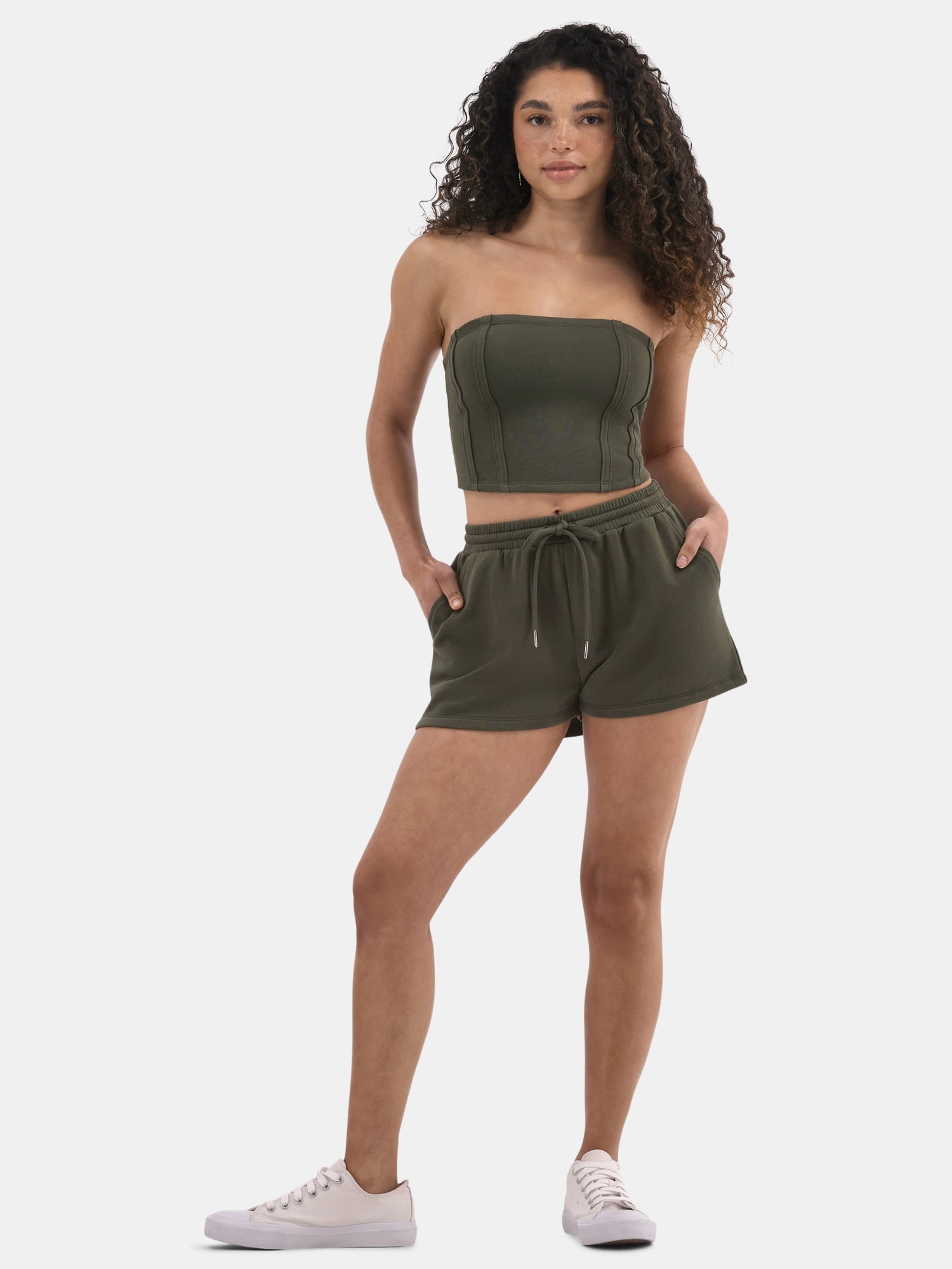 No Boundaries Women's 2-Piece French Terry Tube Top and Shorts Set ...