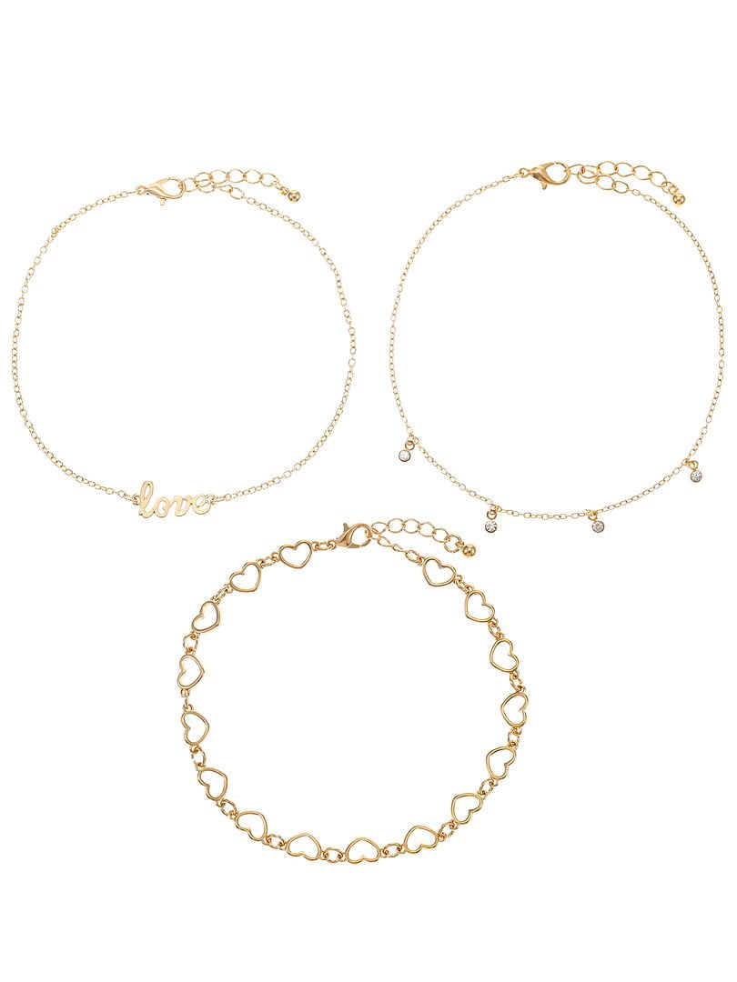 No Boundaries Gold Tone Love Motif Anklet Set 3-Pieces Women's with Heart and Love Charms ...