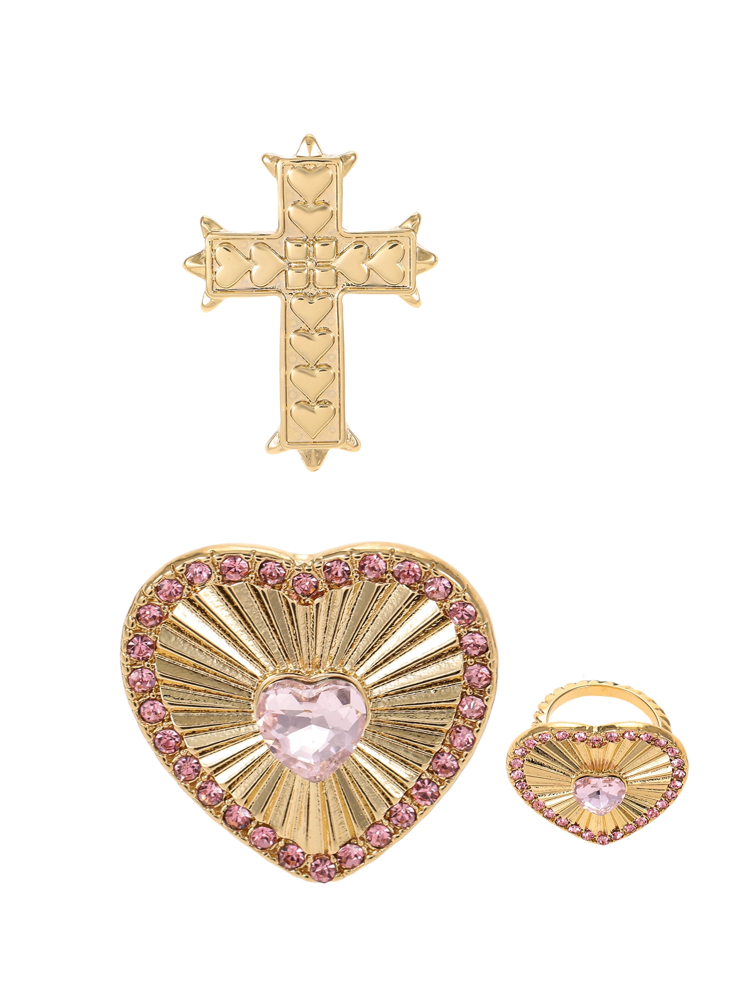 No Boundaries Goldtone Heart and Cross Motif Rings, Light Rose, 2 ...