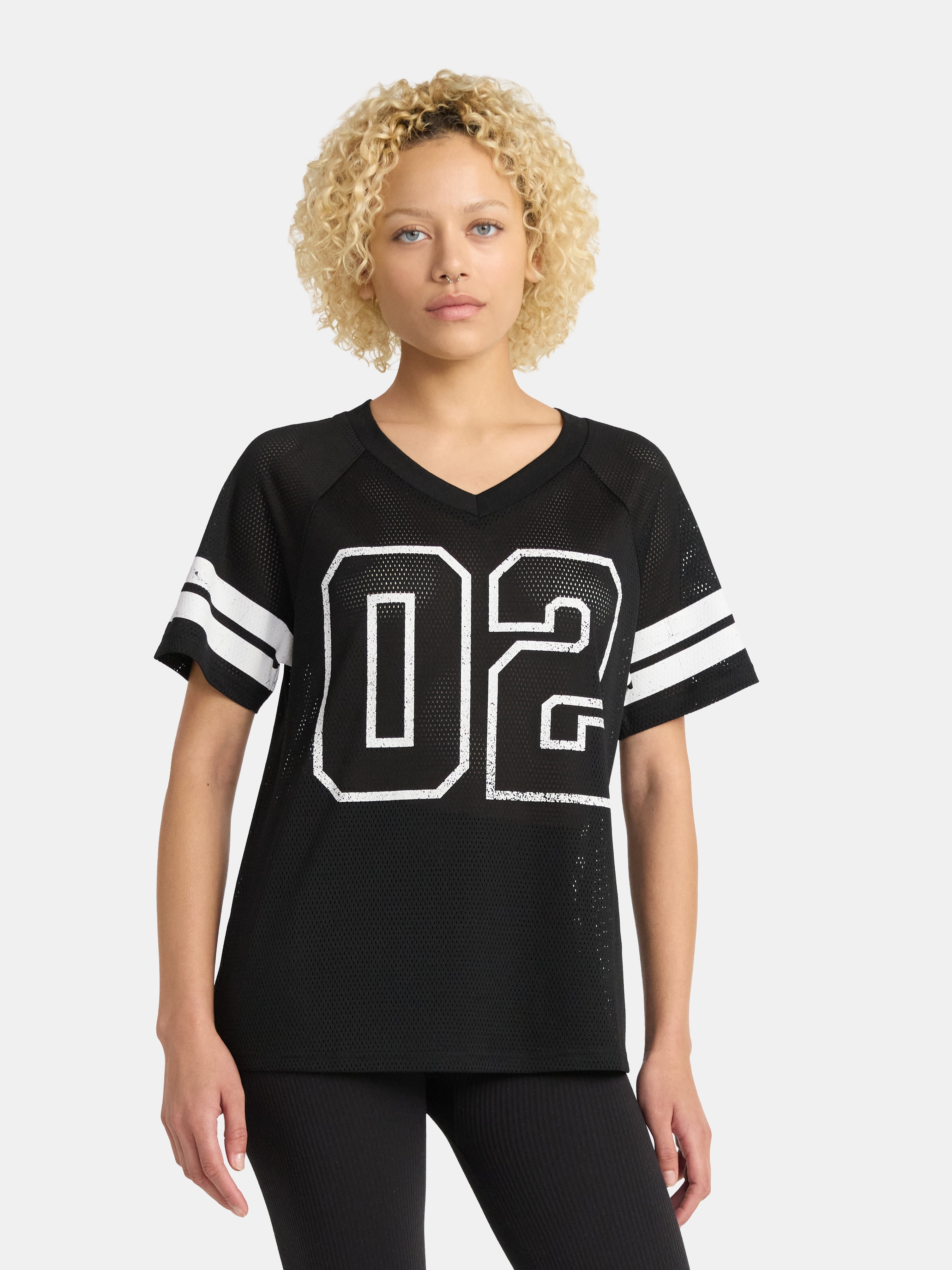 No Boundaries Graphic Mesh Football Tee, Women's V-Neck, Short Sleeve ...