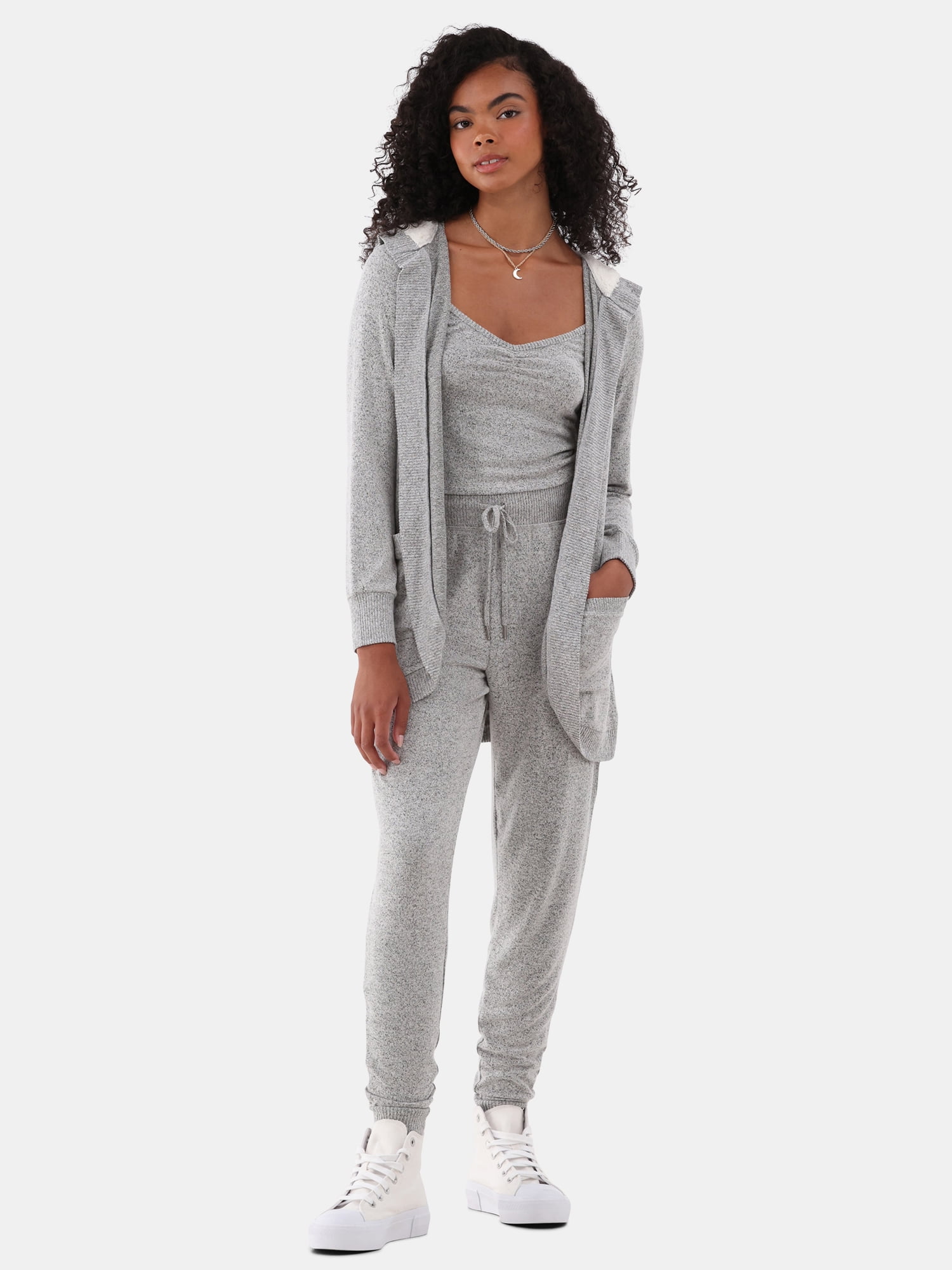 No Boundaries Hacci Knit Tank Top, Cardigan and Joggers Set, 3-Piece ...