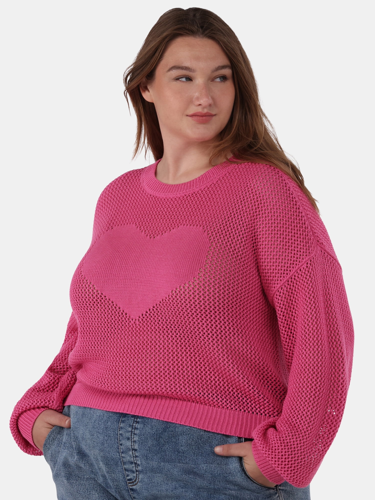 No Boundaries Heart Mesh Pullover - women's Plus Size Sweater - Walmart.com