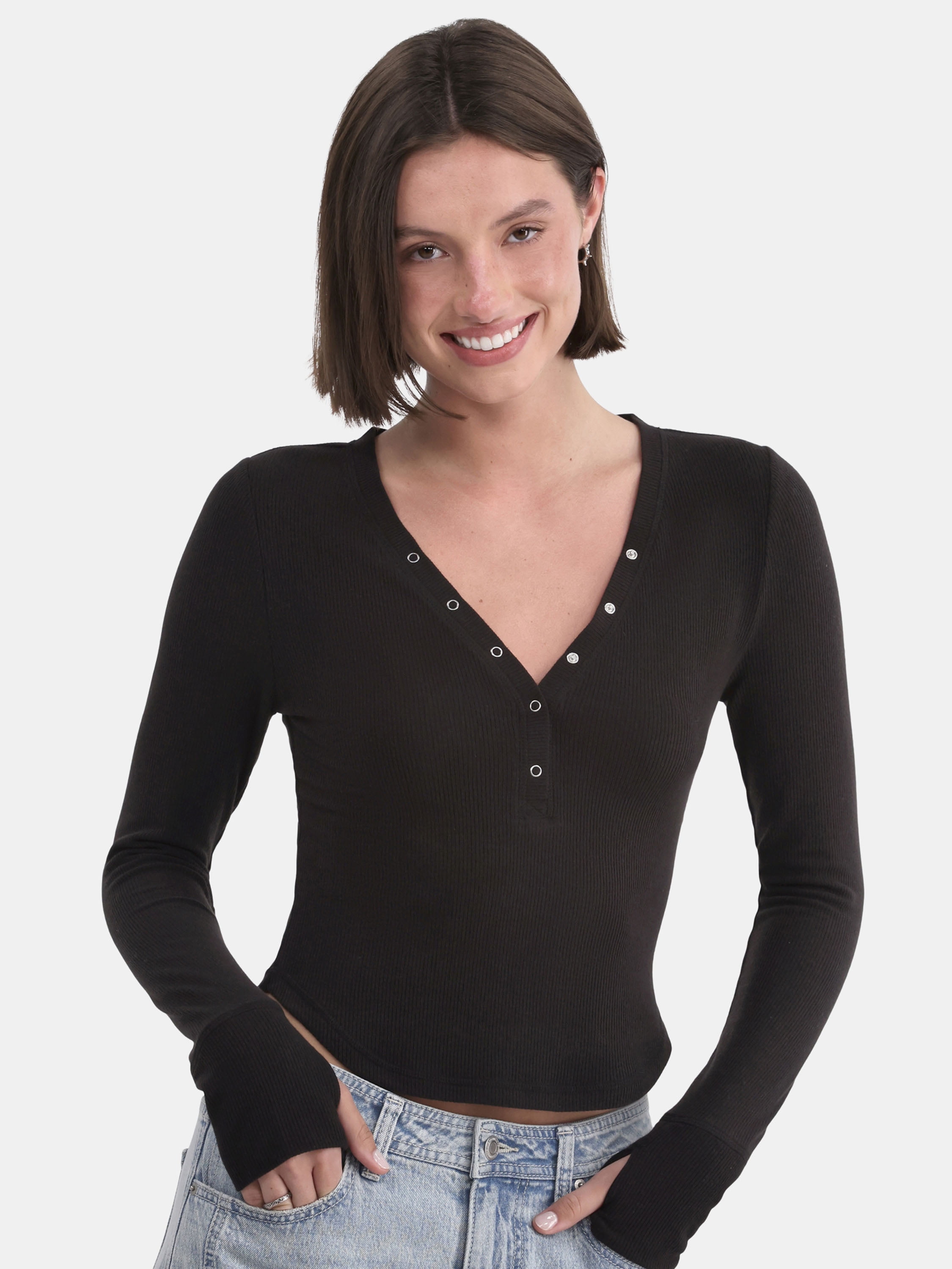 No Boundaries Women's Henley Button Snap Top with Thumbholes, Fitted ...