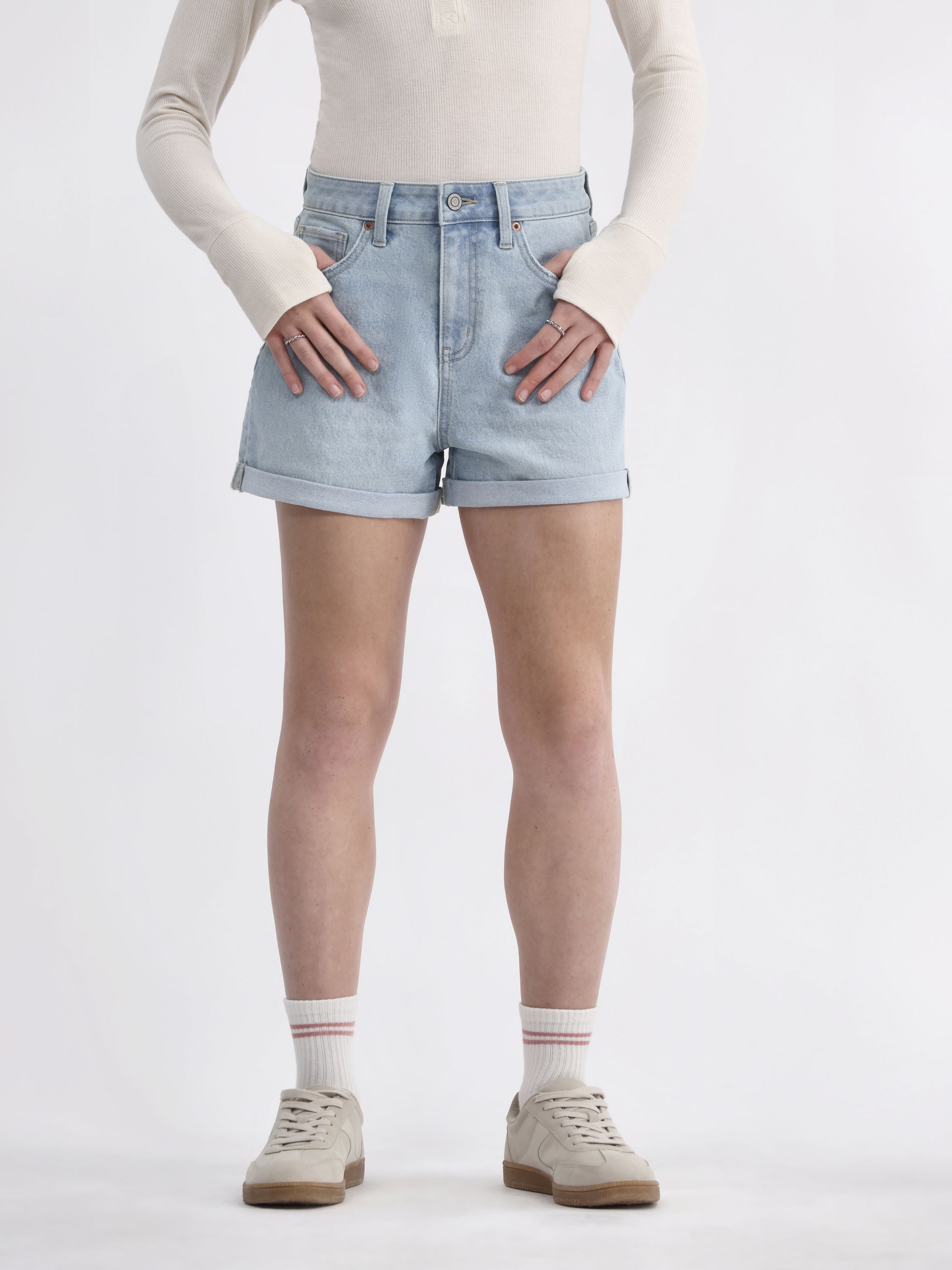 No Boundaries High Rise Denim Rolled Cuff Shorts, Women's - Walmart.com