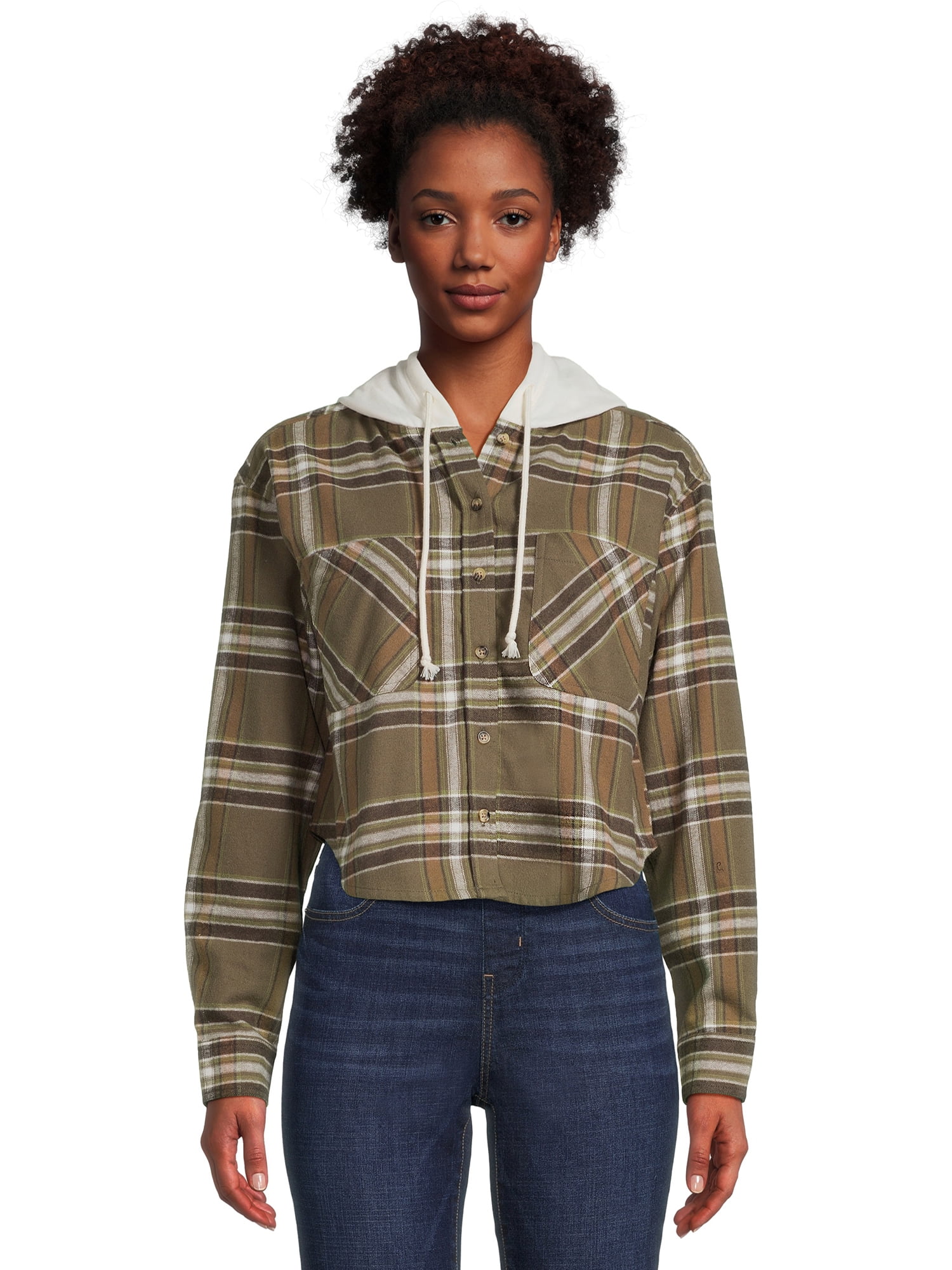 No Boundaries Hooded Full Sleeve Flannel T-Shirt (Women's or Women's ...