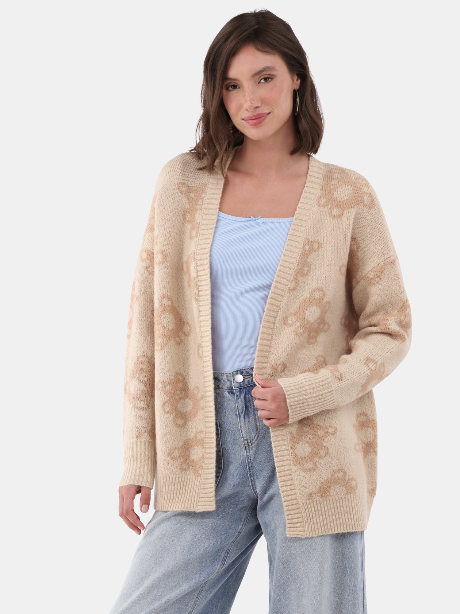 No Boundaries Women's Long Open Front Jacquard Cardigan Sweater ...