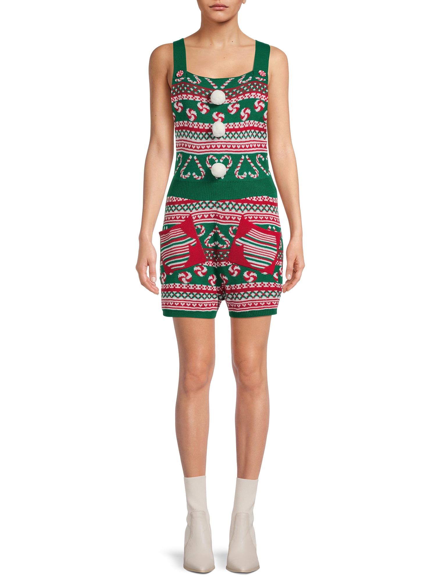 No Boundaries Junior's Knit Christmas Romper - Walmart.com