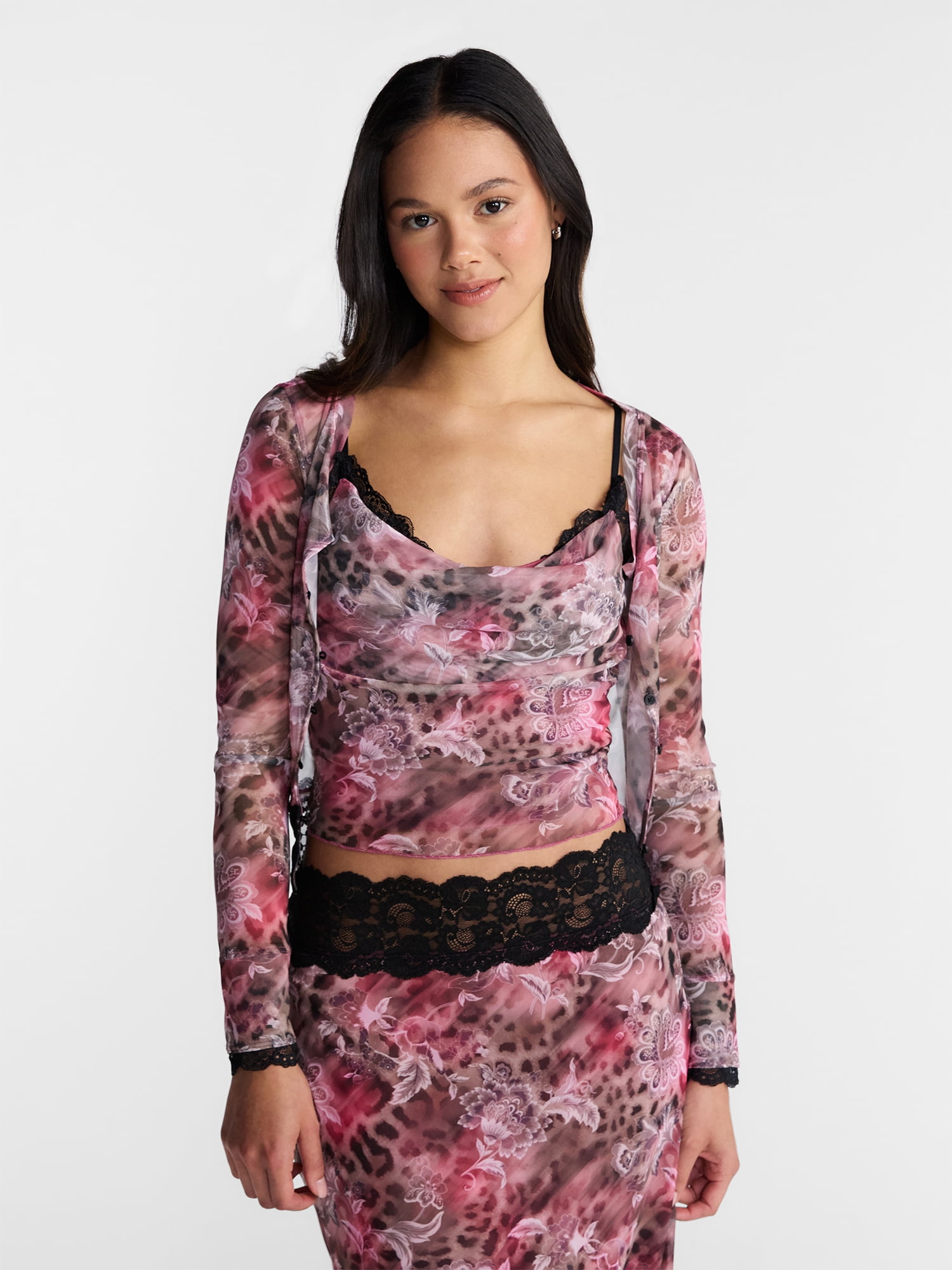 No Boundaries Cowl Neck Tank Top and Cardigan Set with Lace Trim, 2 ...