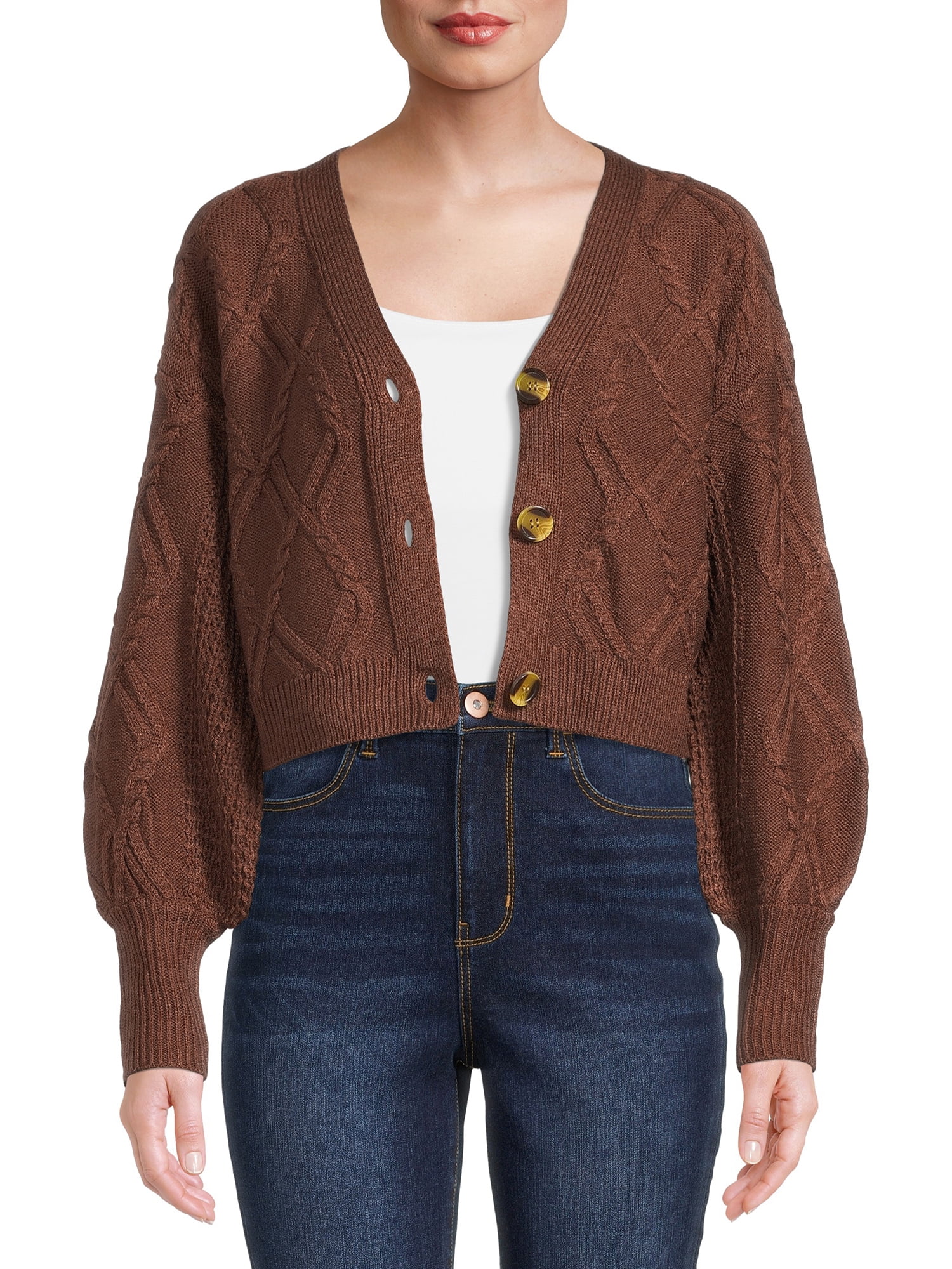 No Boundaries Junior's V-Neck Cable Cardigan - Walmart.com