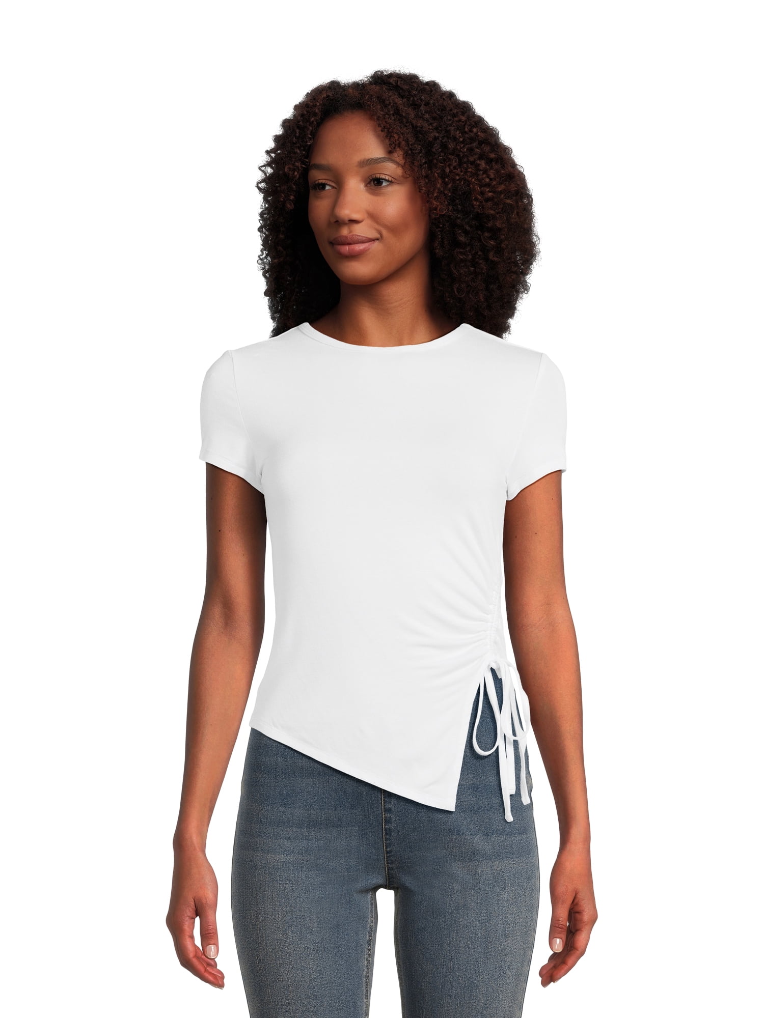 No Boundaries Juniors' Asymmetric Hem Bodycon Tee with Short Sleeves ...