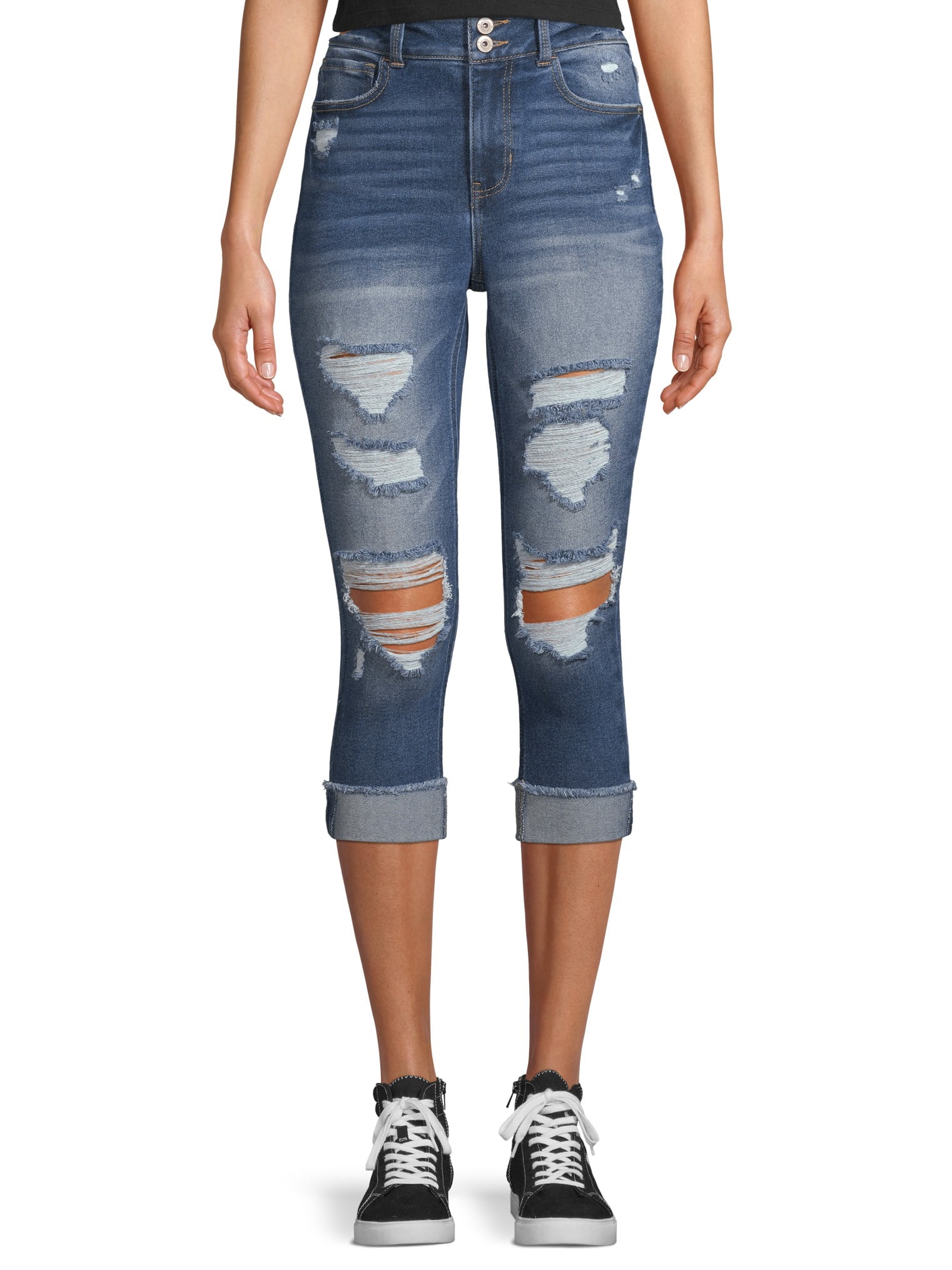 No Boundaries Juniors' Authentic Denim Destructed Capris - Walmart.com