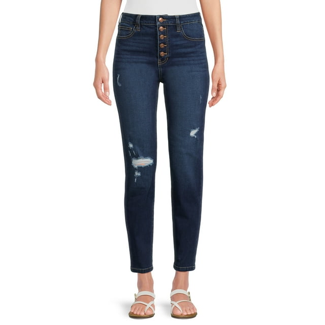 No Boundaries Juniors Button Fly Destructed Skinny Jeans - Walmart.com