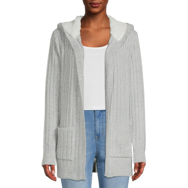 No Boundaries Juniors Cardigan Sweater with Faux Sherpa Hood - Walmart.com