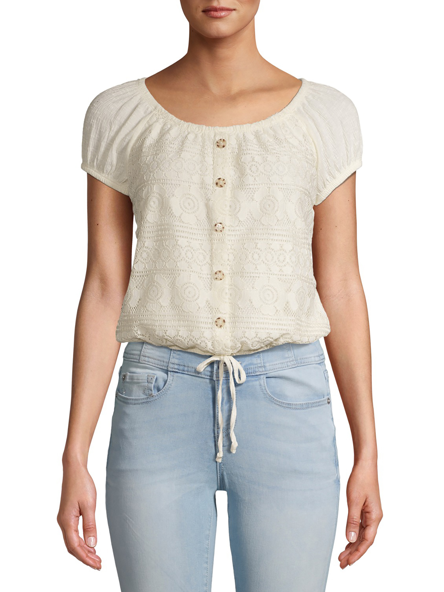 No Boundaries Juniors' Cinched Button Tie Front Top - Walmart.com